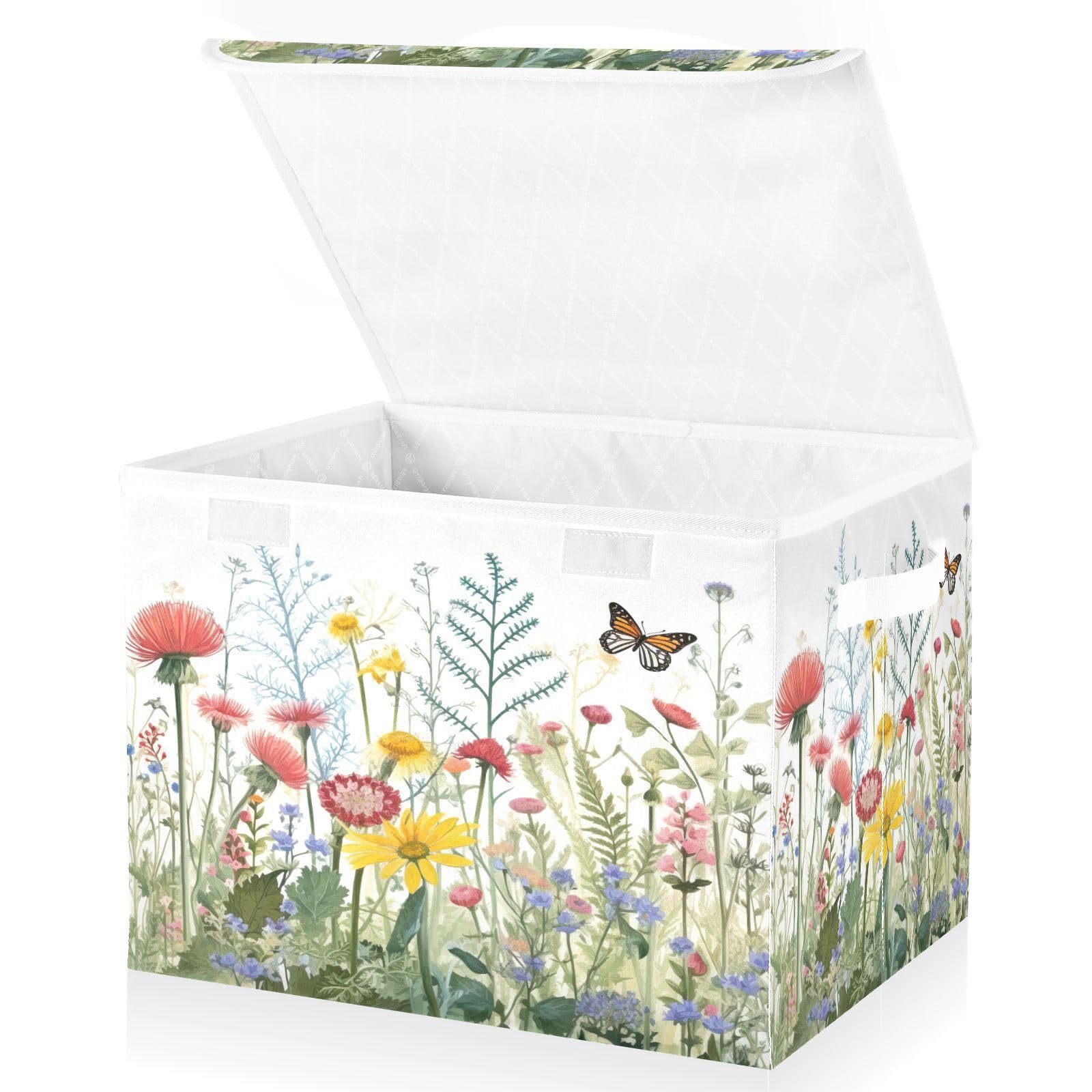 KEEPREAL Wildflowers Butterfly Storage Basket Bin with lid, Large Cube Storage Box Collapsible Storage Organizer for Home Office Closet - 16.5 L x 12.6 W x 11.8 H(51)