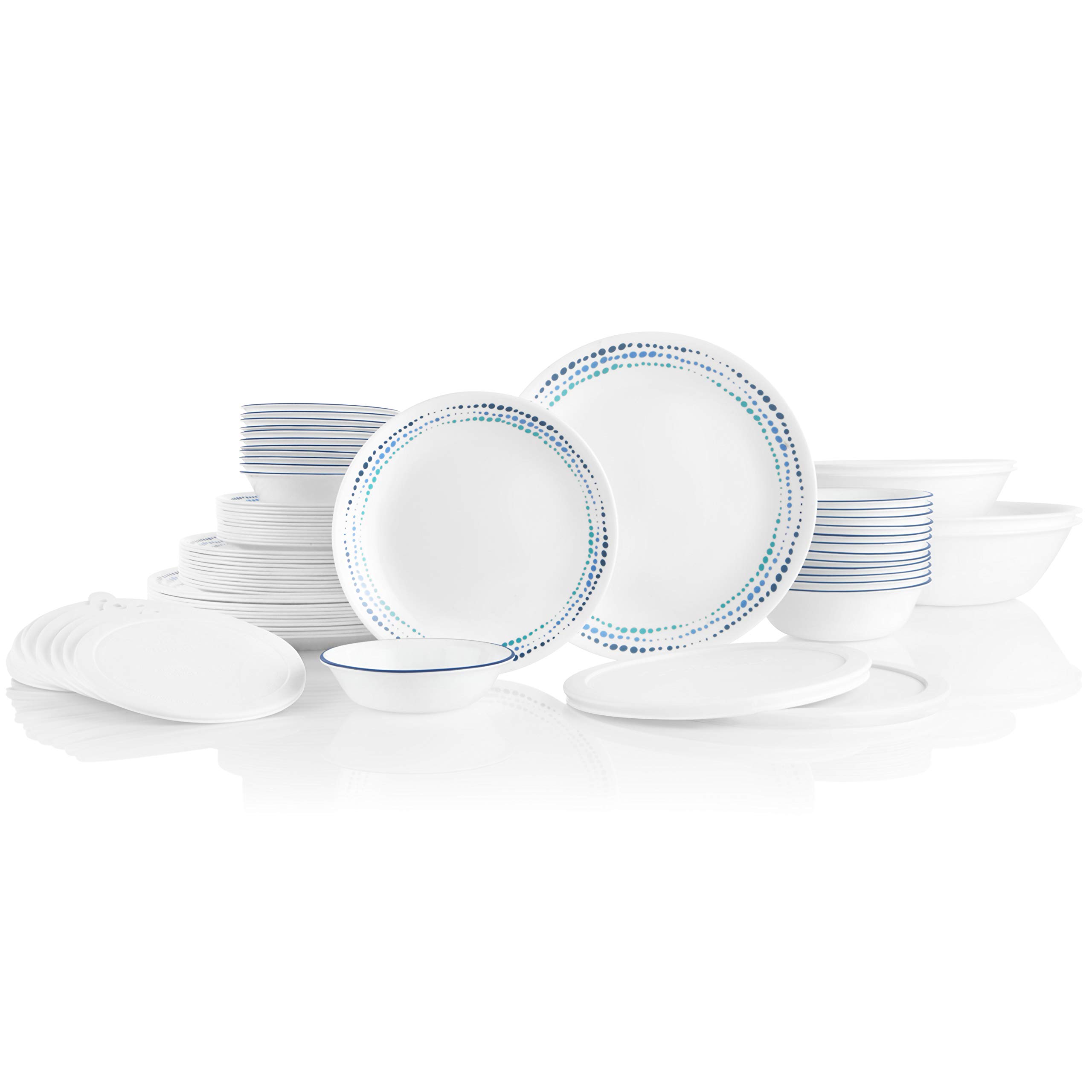 Corelle Vitrelle 78-Piece Service for 12 Dinnerware Set, Triple Layer Glass and Chip Resistant, Lightweight Round Plates and Bowls Set, Ocean Blues