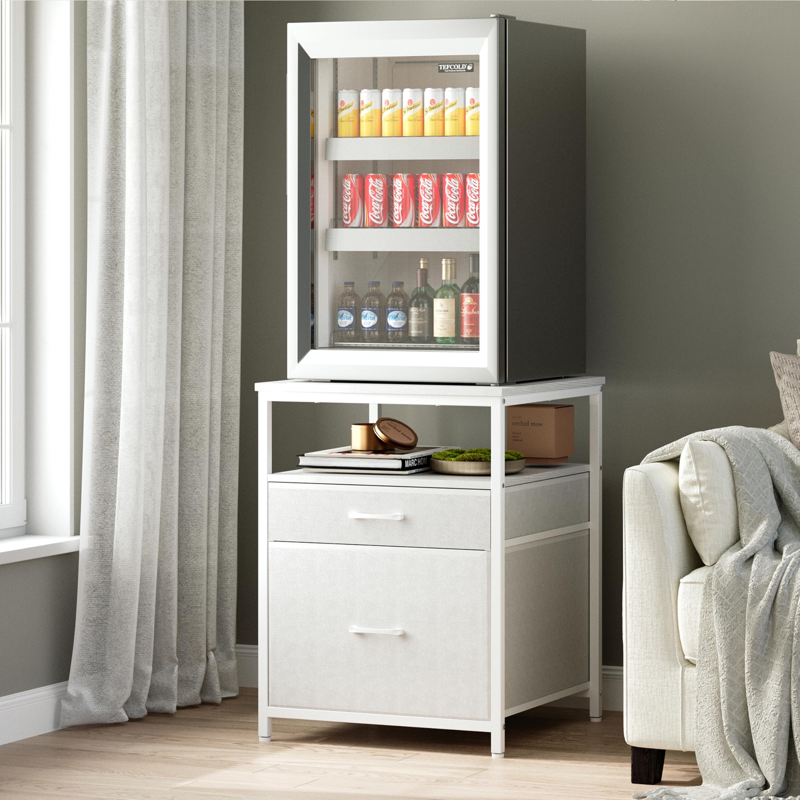 Herture Mini Fridge Stand with 3 Storage, Mini Fridge Cabinet, Beverage Fridge Table, Heavy Duty 21.3" L* 22.7" W Tabletop, for Dorm, Apartment,Office, Bedroom White HB01BXW