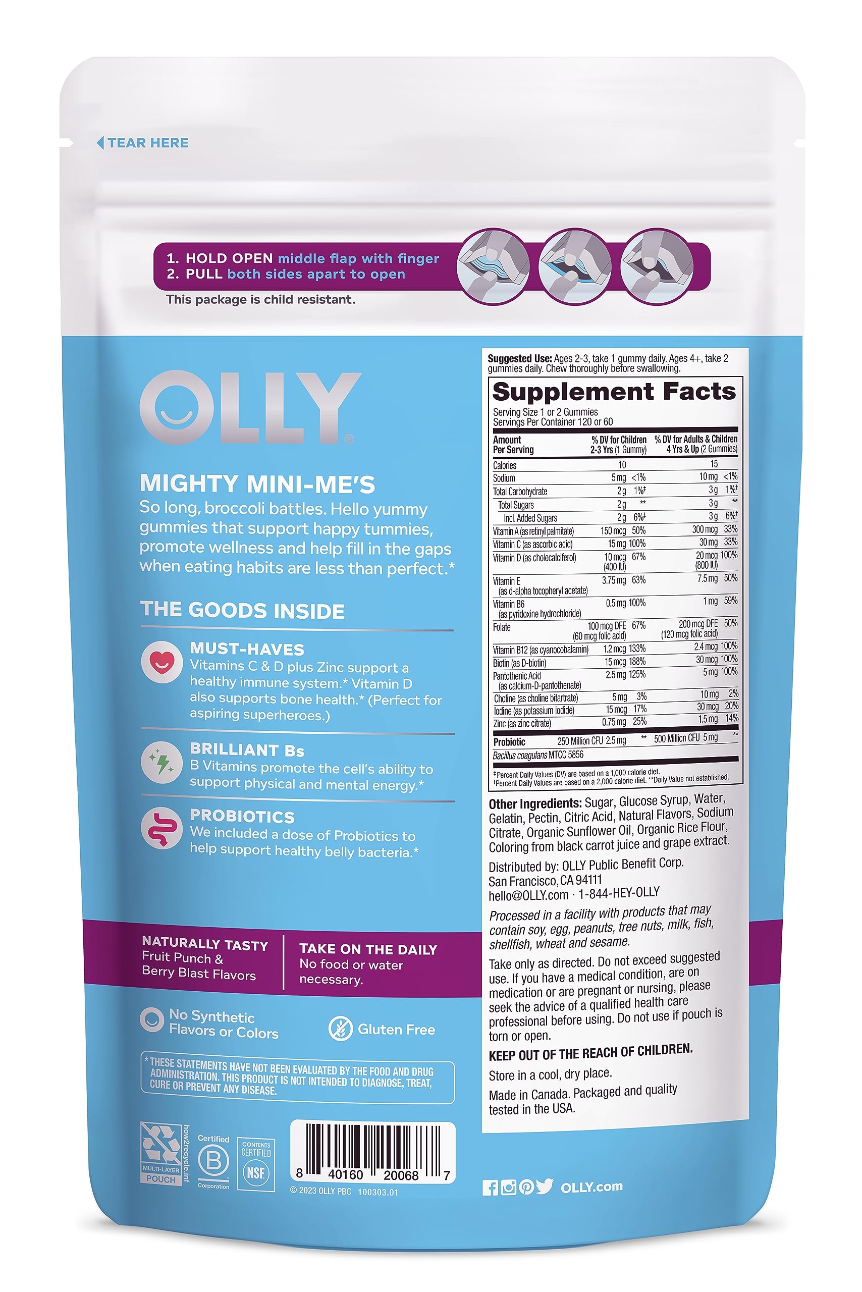 OLLY Kid's Multivitamin + Probiotic Gummy, Vitamins A, C, D, E, B, Zinc, Digestive Support, Chewable Supplement, Berry Flavor, 60 Day Supply - 120 Count Pouch