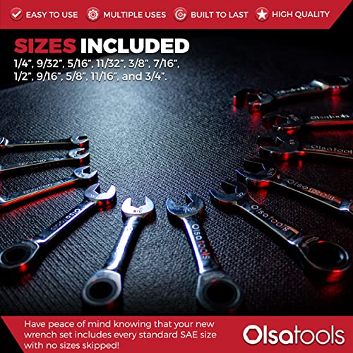 Olsa Tools Stubby Ratchet Wrench Set (SAE 11pc) | 6-Point Box End Ratchet Wrenches Set | 120 Tooth Ratcheting Wrench Sets | Works on Stripped and Rounded Bolts | Professional Grade Spanner Wrench