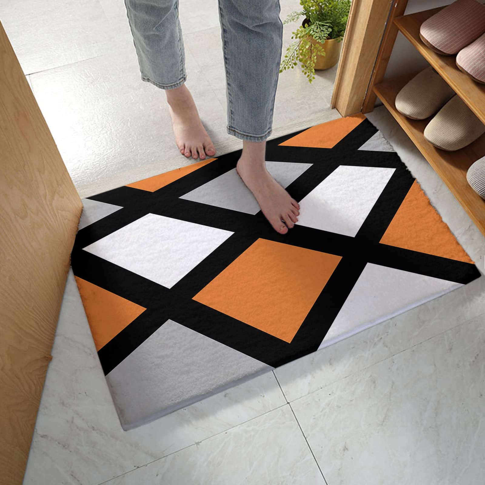Door mat Soft Doormat Orange Plaid Abstract Geometry,Non Slip Bath Rug Absorbent Mat Grey Color Block Black Stripe,Washable Door Mats Microfiber Runner Carpet for Kitchen,Bathroom,Entrance 18x30in
