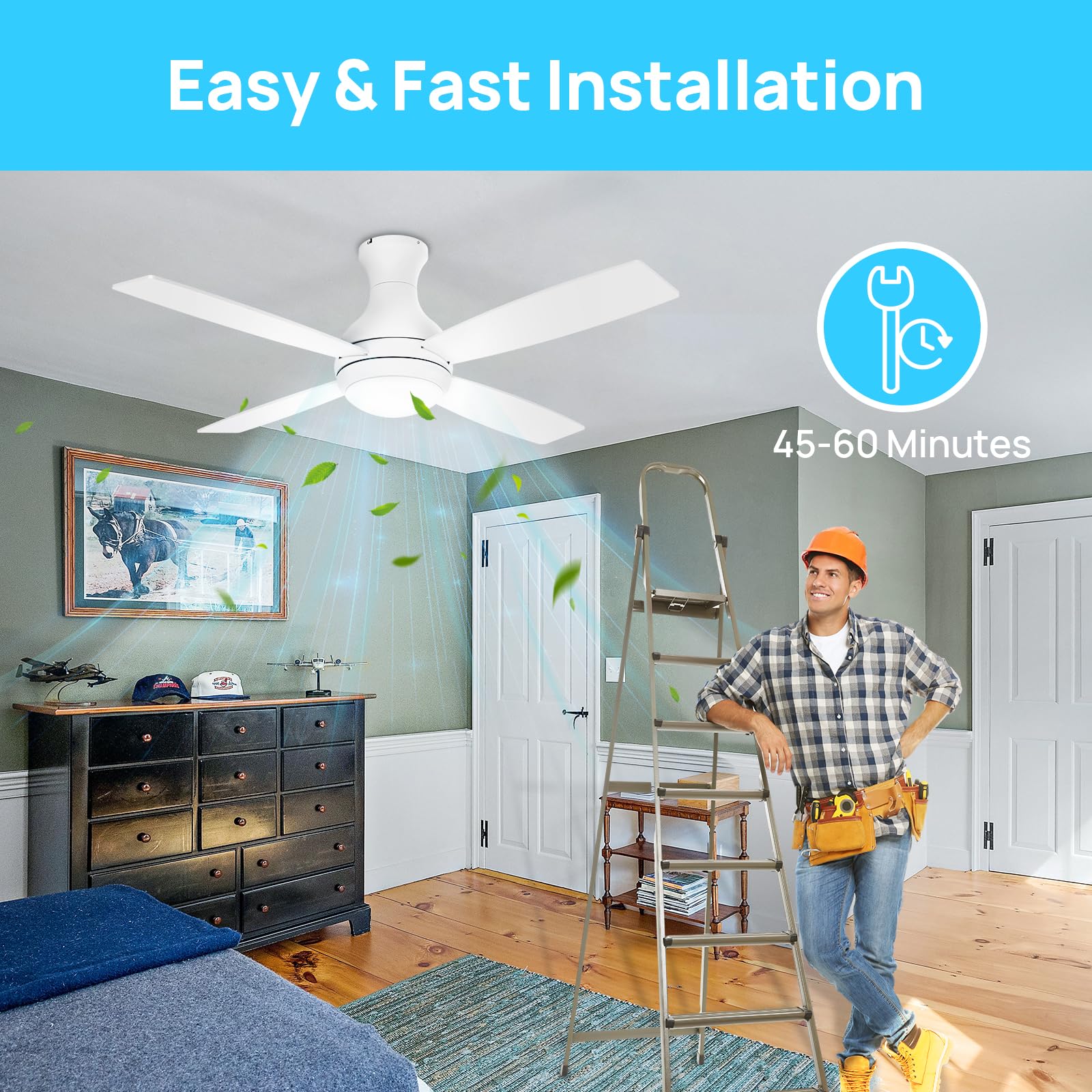 Consciot Ceiling Fan With Lights, 52 Inch Low Profile Ceiling Fan, Remote Control, Quiet Reversible DC Motor, Dimmable Tri-color Temperatures LED, 4 Double Finish Blades, Flush Mount, Indoor Only
