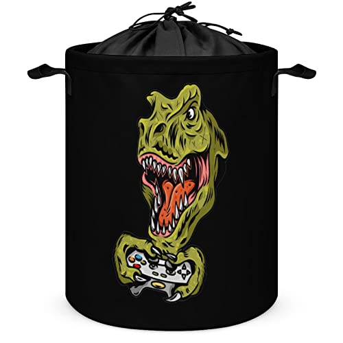 Dinosaur Gamer Which Play Game Laundry Basket Round Collapsible Storage Bin with Drawstring and Handle for Bedroom Bathroom Toys Room 17.3" X 13.8"