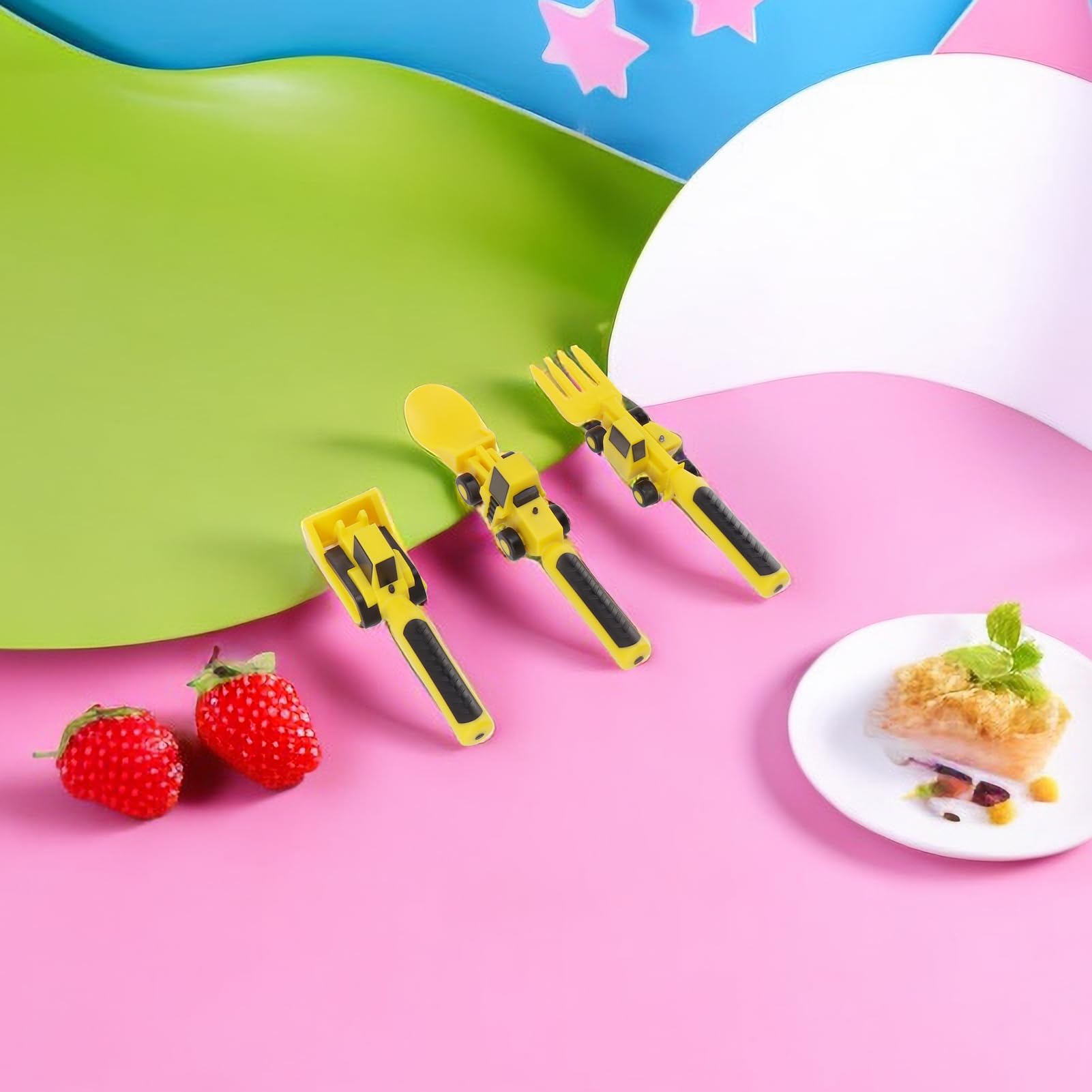 Construction Themed Utensils, Excavator Fork Spoon, Eating Set with Pusher, Safe and Easy to Use