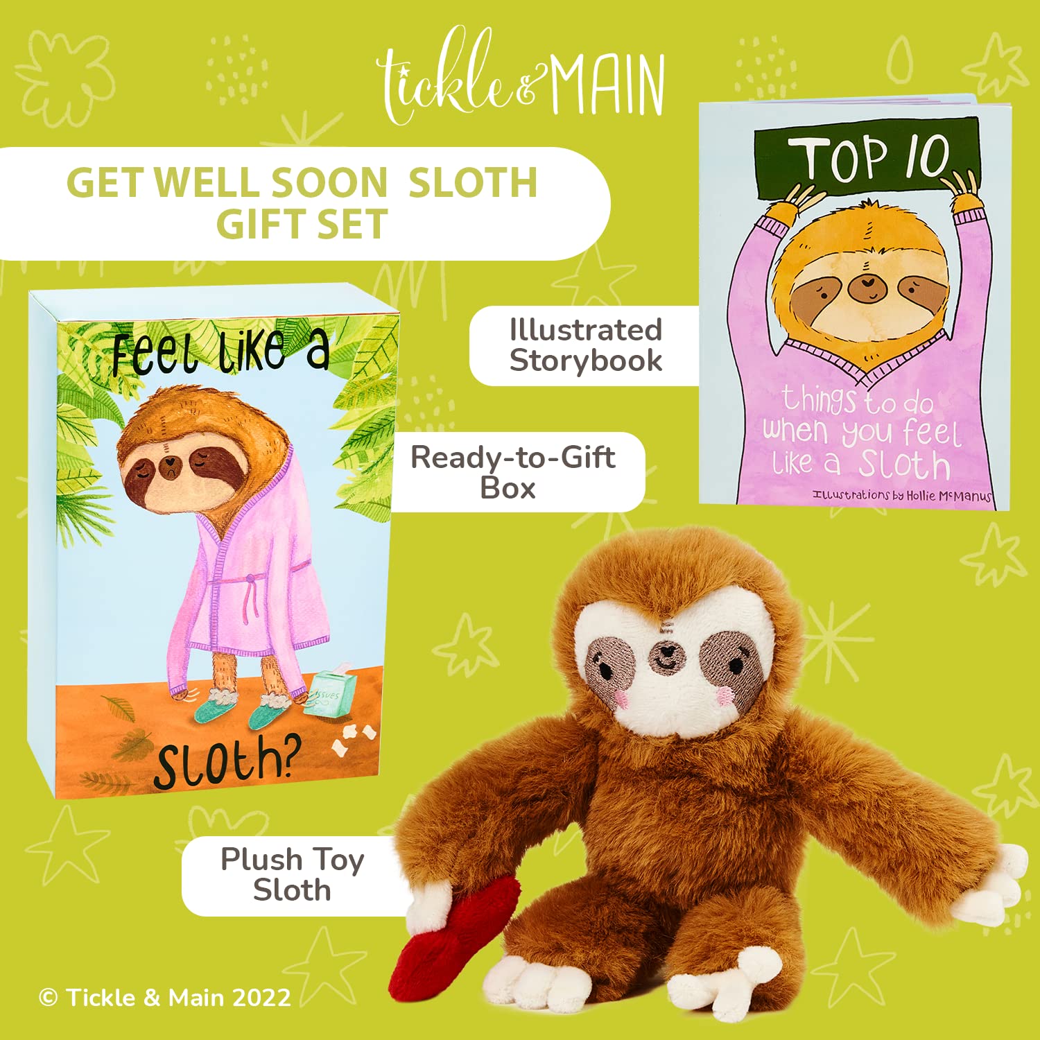 Tickle & Main Get Well Soon Gifts for Kids - Feel Like a Sloth? Feel Better Gift for Women, Men, Teens, Recovery Plush Sloth, Great After Surgery Gift