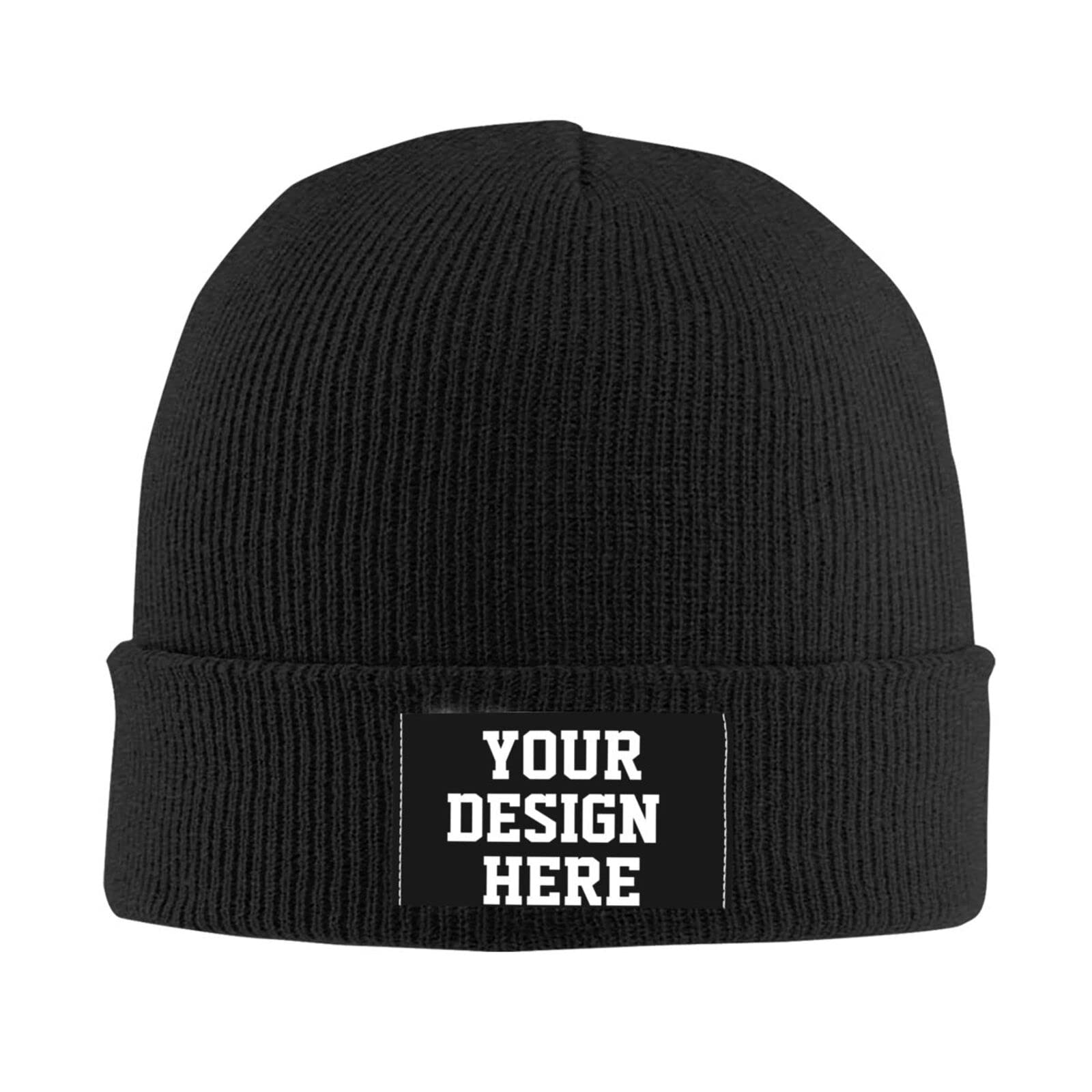 Custom Beanie Hat Add Your Text Picture Name Logo Winter Knit Hat Mens Customize Black Beanie Hat, One Size