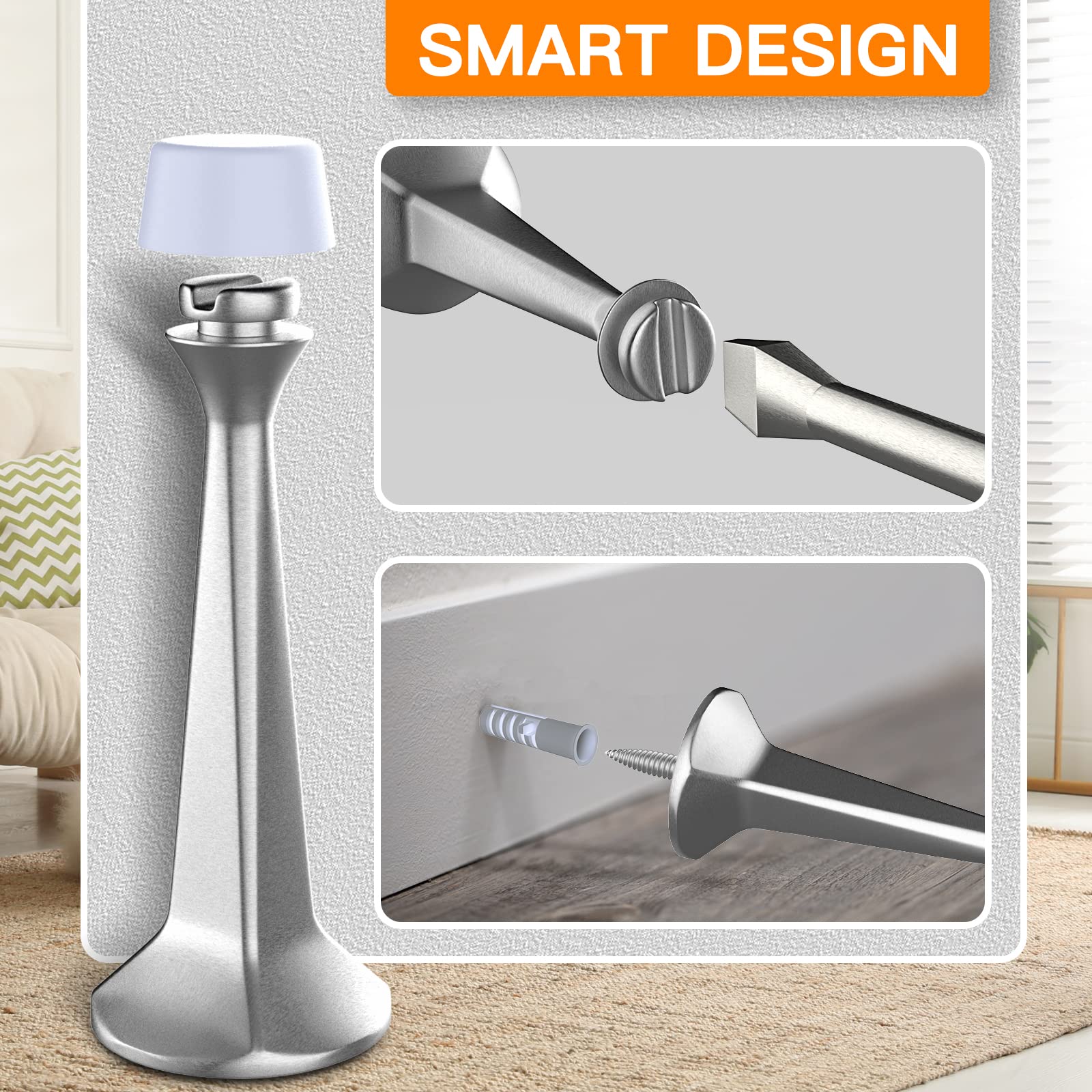 Door Stoppers for Bottom of Door - 6 Pack WINONLY Door Stops with Soft Rubber Tips Wall Protector Heavy Duty Solid Rigid Door Stoppers, Satin Nickel