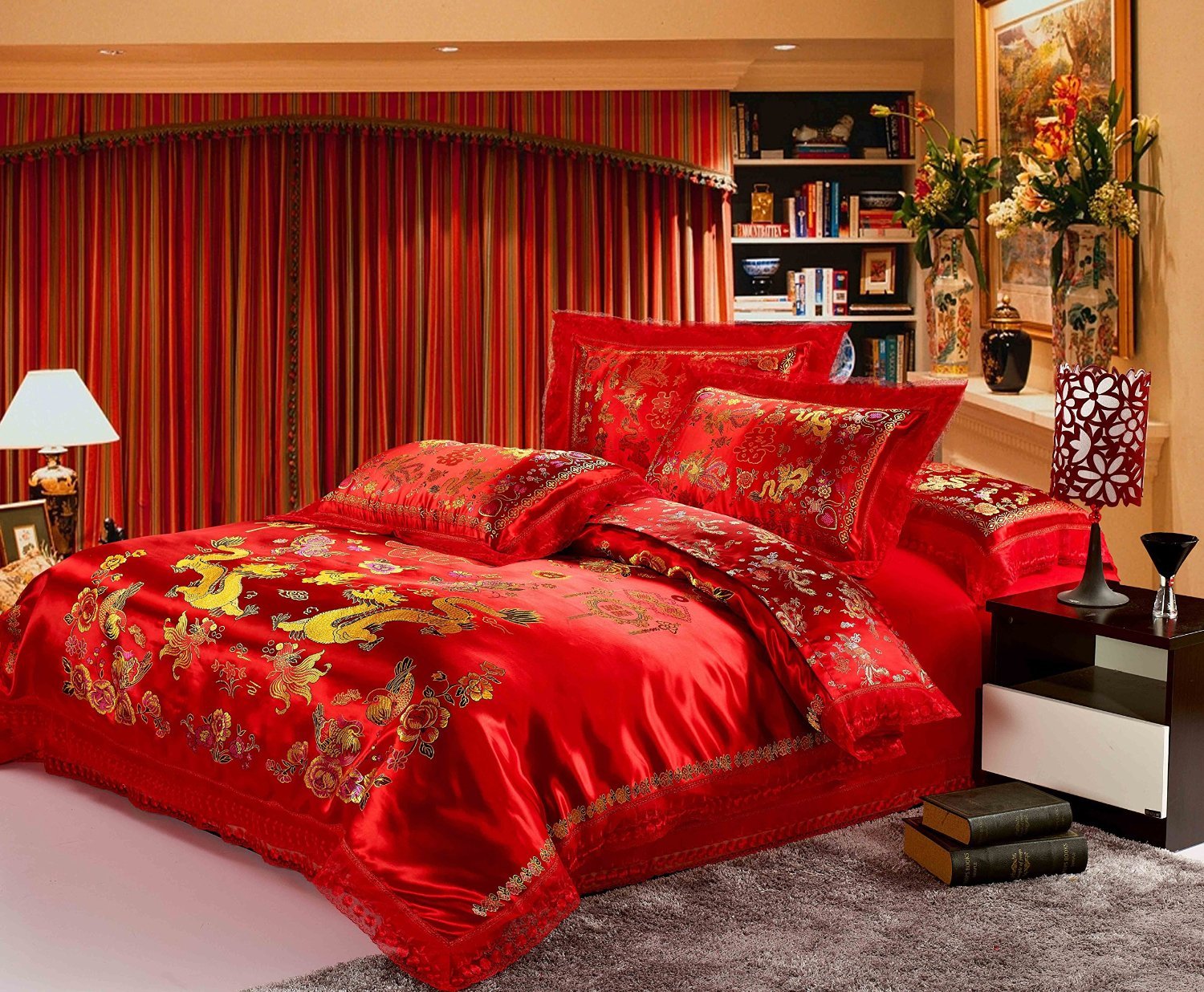 LELVA Chinese Traditional Red Sheet Asian Bedding Queen with Dragon and Phoenix Bird Embroidery Duvet Cover Set 4pcs (Queen)
