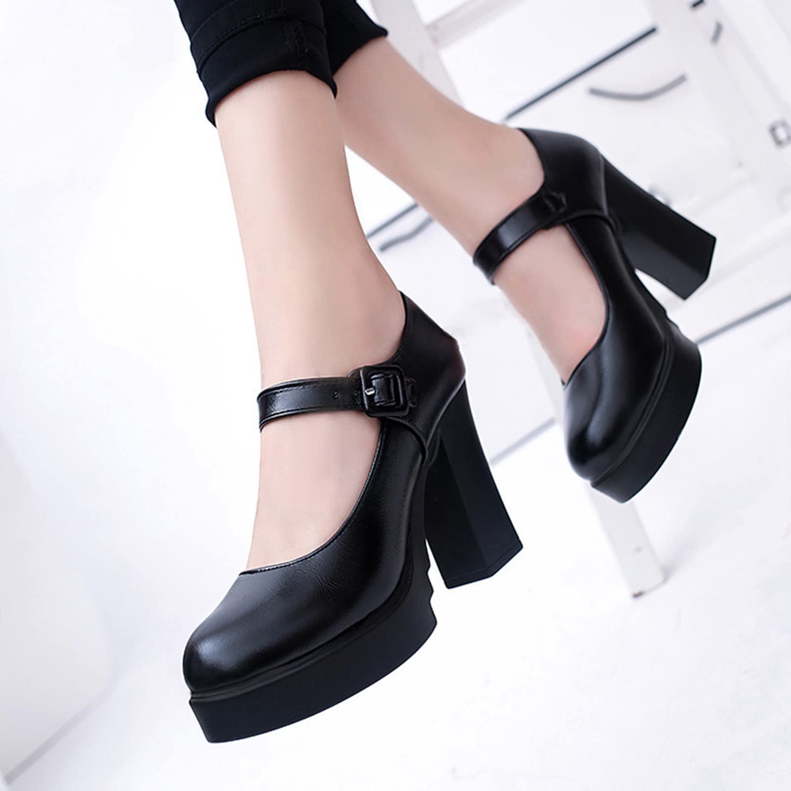 FASDNENDYS Buckle Casual Thick High Shoes Heels Ankle Work Strap Platform Women Heel Pumps Womens Boots That Lace up The Back Black