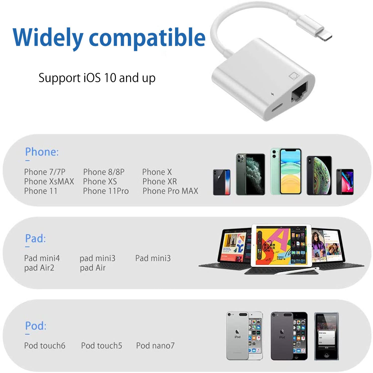 Lightning to Ethernet Adapter, [Apple MFi Certified] 2 in 1 RJ45 Ethernet LAN Network Adapter with Charge Port Compatible with Phone/Pad/Pod, Supports 100Mbps Ethernet Network