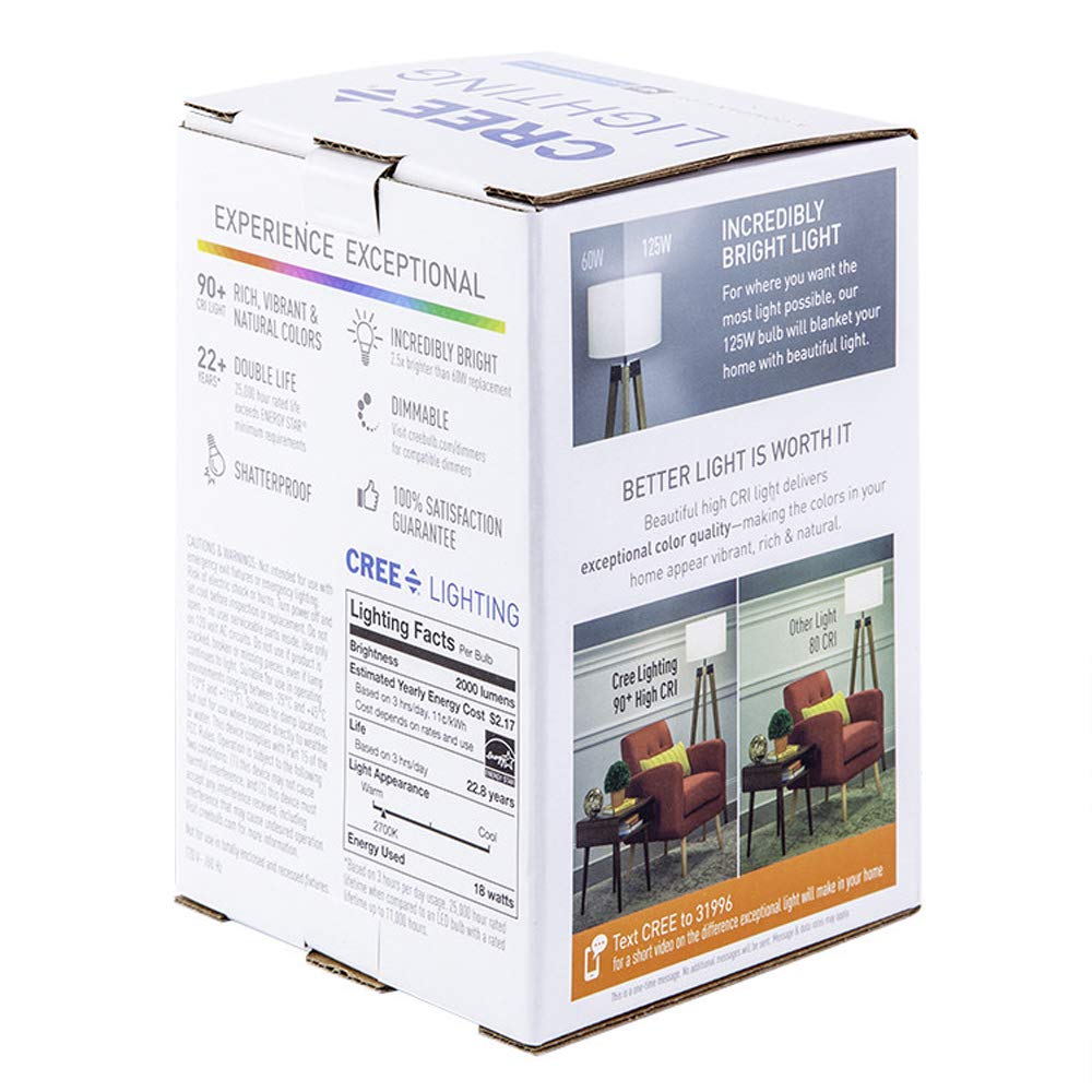 Cree Lighting, TA21-20027MDFH25-12DE26-1-11006S-T, A21 125W Equivalent LED Bulb, 2000 lumens, Dimmable, Soft White 2700K, 25,000 Hour Rated Life, 90+ CRI | 4-Pack