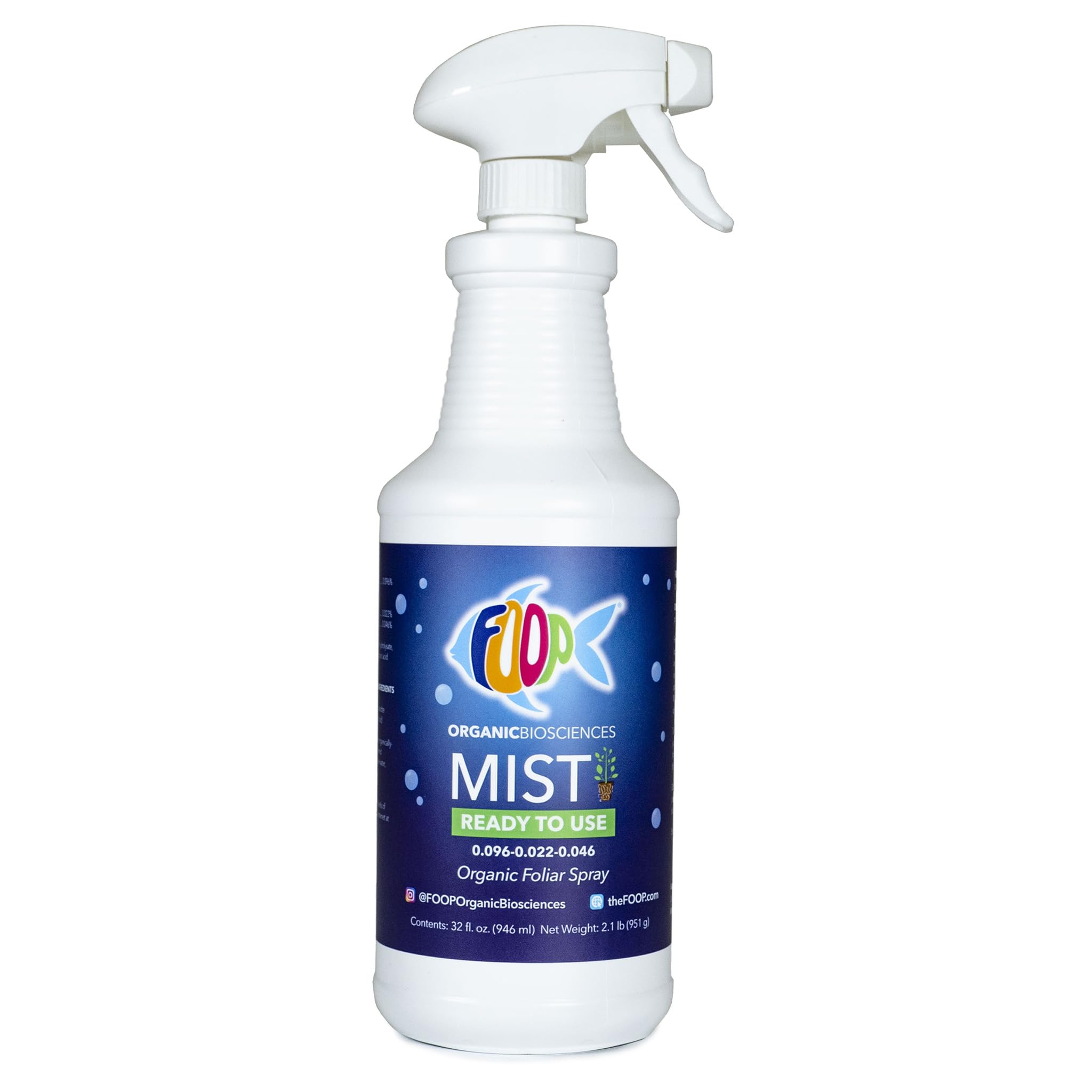 FOOP Mist - Organic Foliar Spray Made from Fish Manure (with Fresh Minty Scent) | Corrects & Prevents Plant Nutrient Deficiencies | Ready to Use, No Mixing Required (32oz)