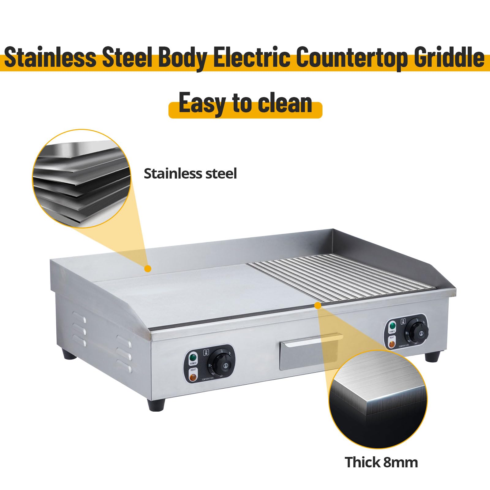 GARVEE 29" Commercial Electric Griddle, 110V, 3000W Resterant Countertop Griddle, Stainless Steel Half Grooved/Flat Top Grill with Adjustable Temperature Control 122°F-572°F(NO PLUG)