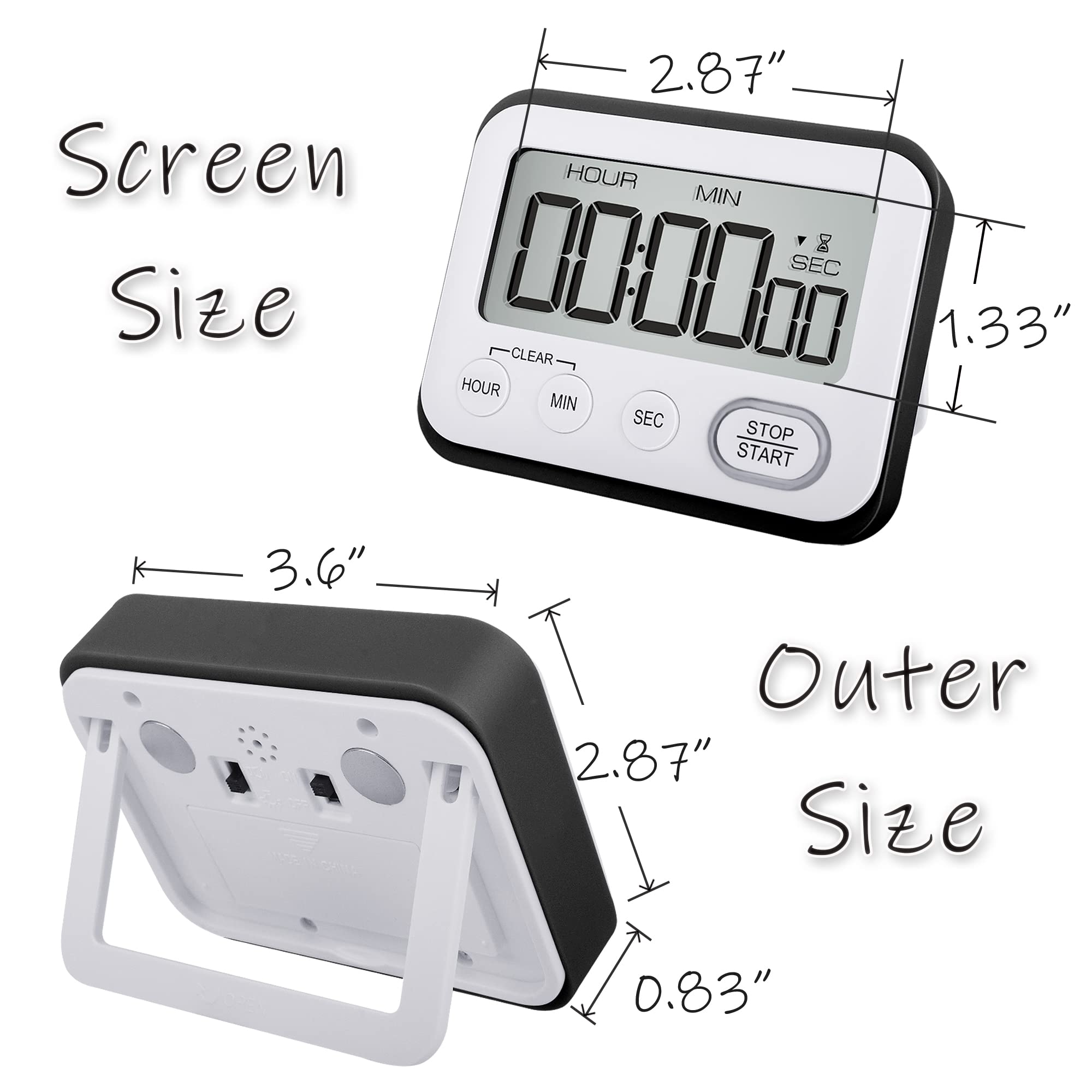 Digital Kitchen Timer Magnetic Loud Alarm, Large LCD Screen Silent/Beeping Multi-Function for Teachers Classroom Kids, Black