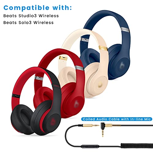Studio3 Coiled Audio Cable Replacement for Beats Studio3 / Solo3 Wireless Headsets, 3.5mm in-line Mic/Volume Control Headphone Cord Works on PS5 Xbox One, 8ft
