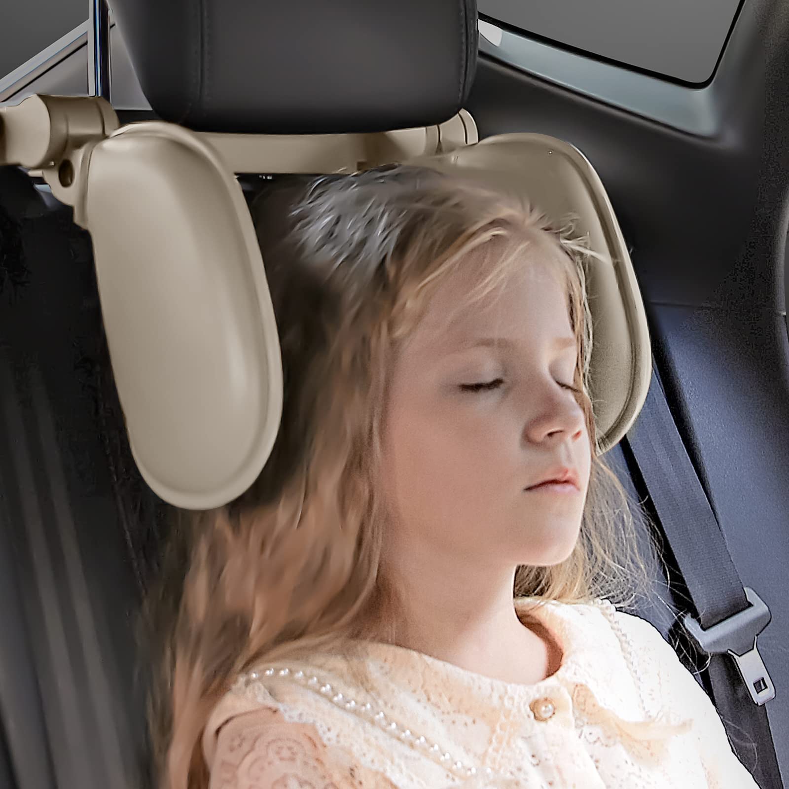 SanLead Car Headrest Pillow Beige, Adjustable Car Seat Head Neck Support, Memory Foam Road Pal Headrest, U Shaped Kids Car Sleeping Pillow for Travel