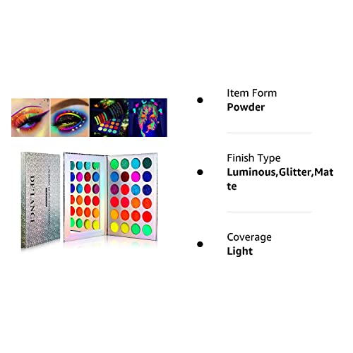 DE'LANCI Neon Eyeshadow Palette Glow in the Dark, Aurora Glow Eyeshadow Pallets Stage, Halloween Christmas Makeup Kit UV Blacklight Matte and Glitter Fluorescent Eye Shadows Highly Pigment