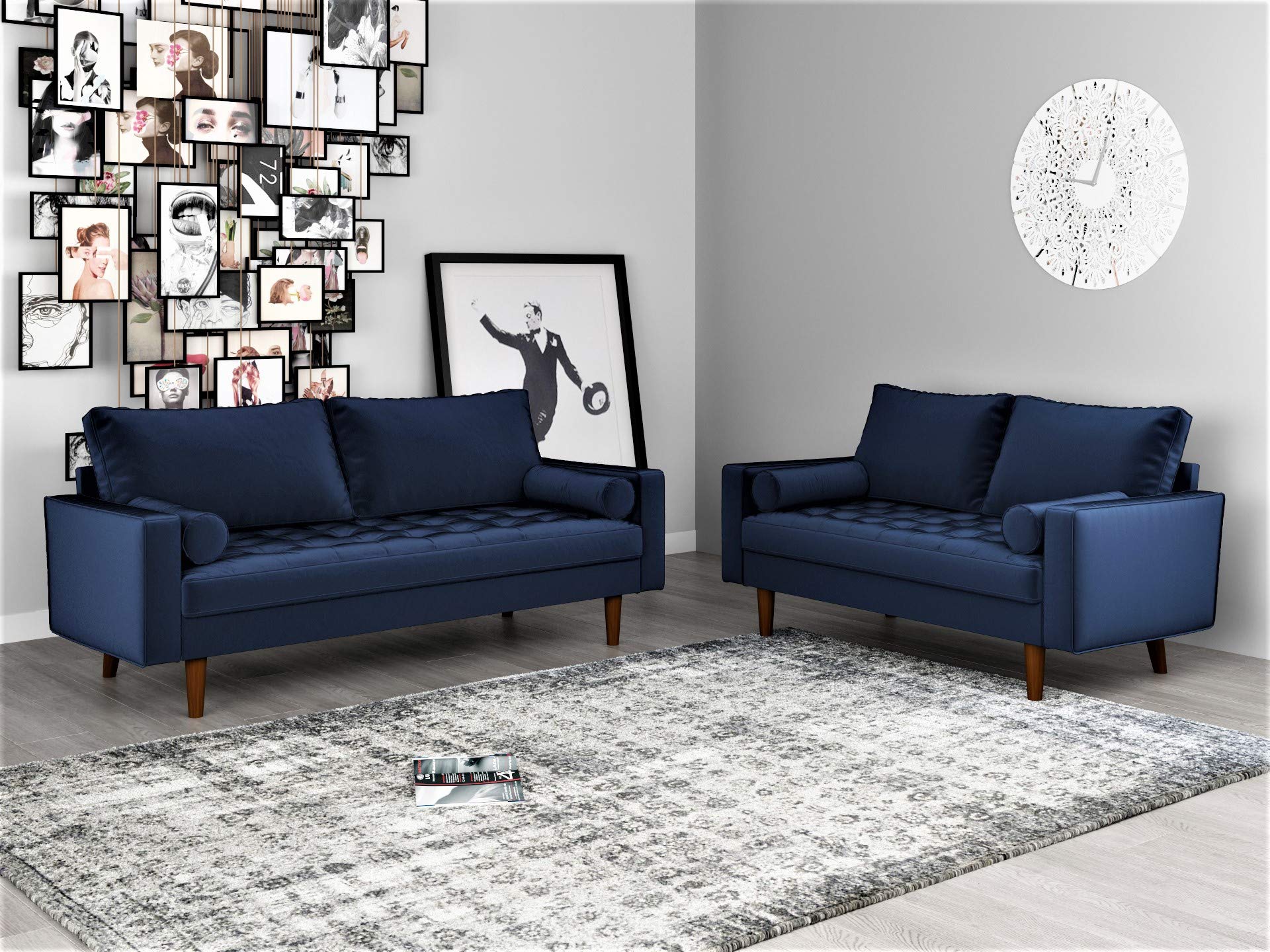 Container Furniture Direct Womble Velvet Upholstered Living Room Diamond Tufted Chesterfield Loveseat With Gleaming Nailhead, Space Blue