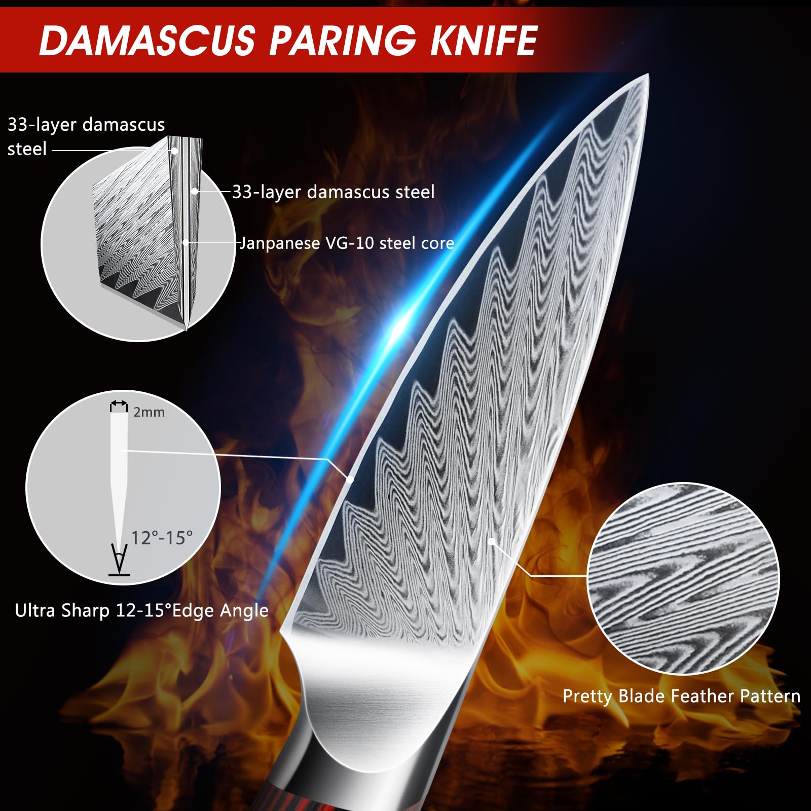 HOSHANHO Paring Knife 3.75 Inch Small Kitchen Knife, Super Sharp VG-10 Damascus Steel Fruit Knife, Multifunctional Peeling Knife for Cutting Fruit Vegetables