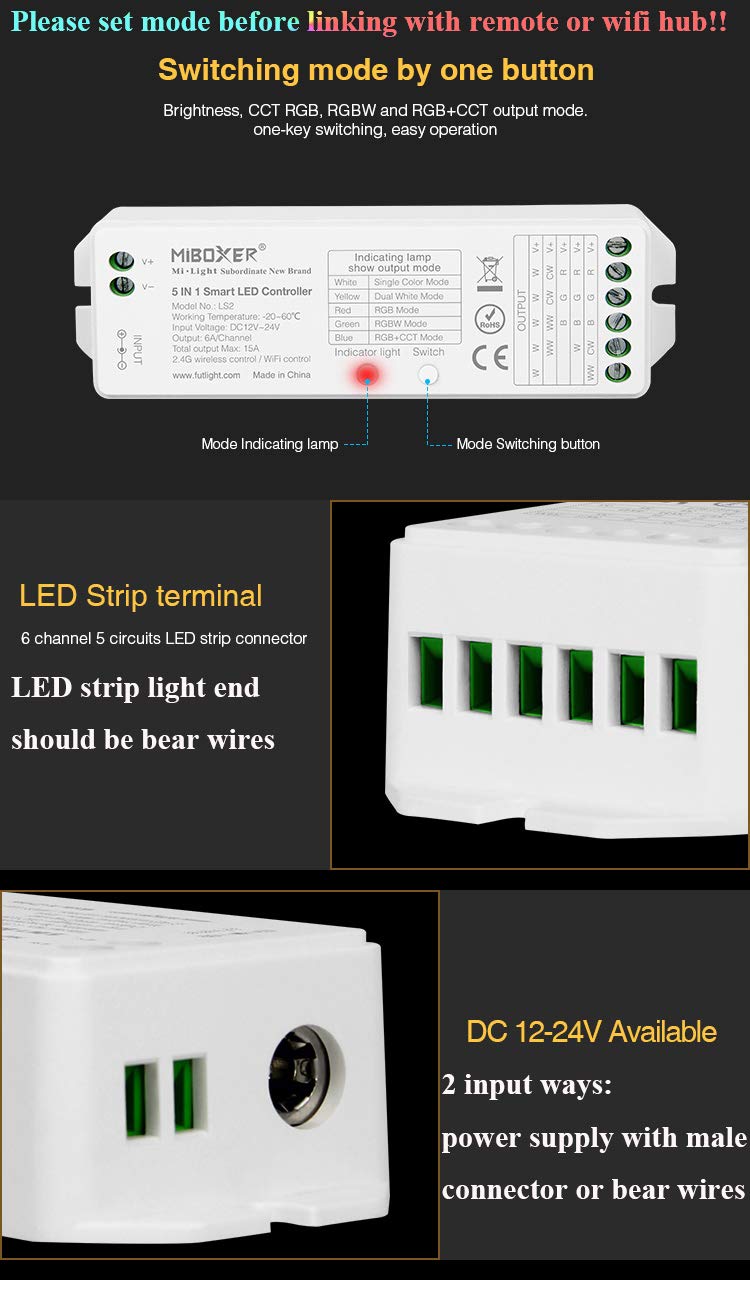 LGIDTECH LS2 LED Strip Lights 5 in 1 Controller,Compatible with Single Color,RGB,RGBW,WW+CW,RGB+CCT LED Strip Lights,Smartphone APP Control via Gateway(Excluded)