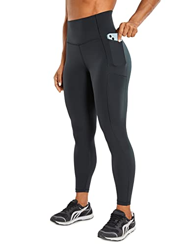 CRZ YOGA Womens Compression Workout Leggings 25 Inches - Thick High Waisted Tummy Control Gym Running Leggings with Pockets Black Small