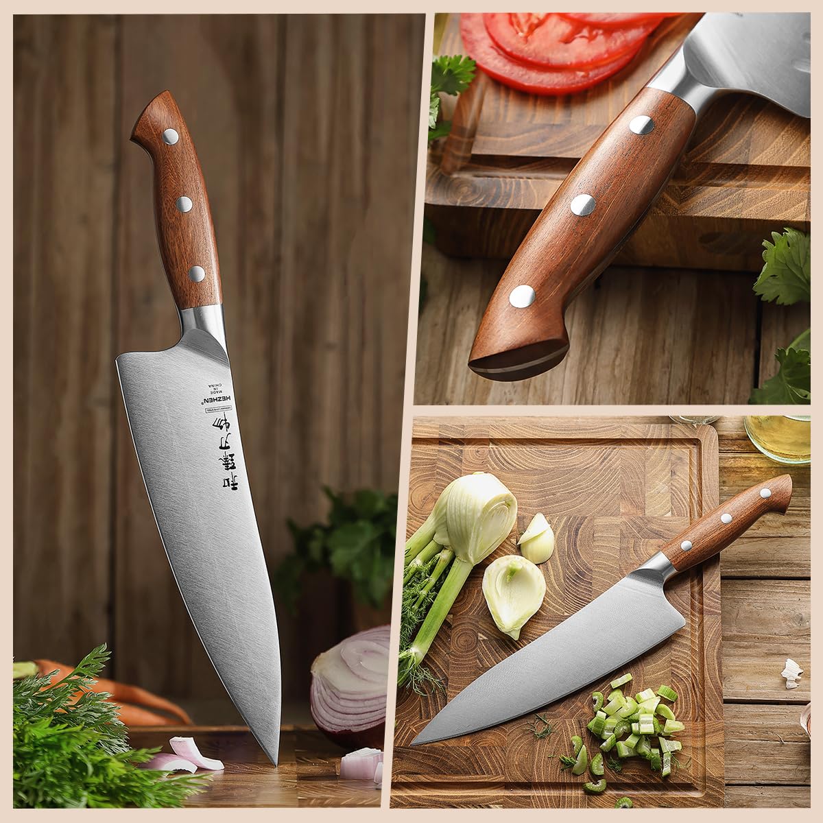 HEZHEN Pro Chefs Knives 8.3 Inch,High Carbon German 1.4116 Steel,Stainless Steel Rivets with Red Wood Handle,Razor Sharp,Super Edge,with Woodern Knife Sheath