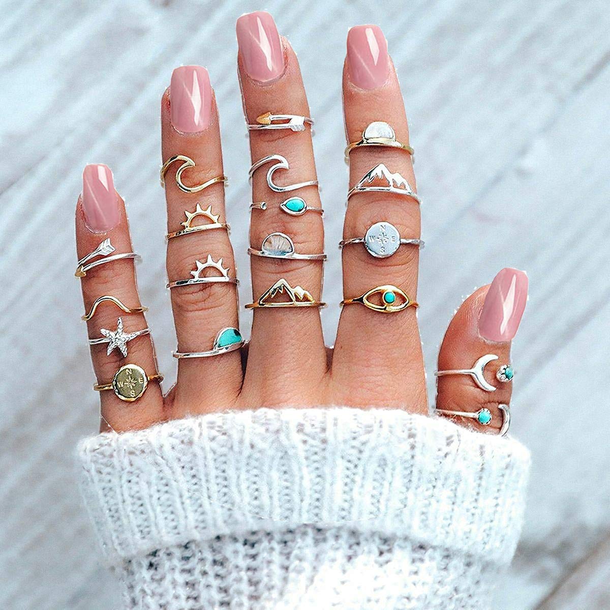 CSIYANJRY99 19Pcs Boho Retro Stackable Rings Sets for Women,Peak Sea Wave Compass Turquoise Knuckle Finger Rings