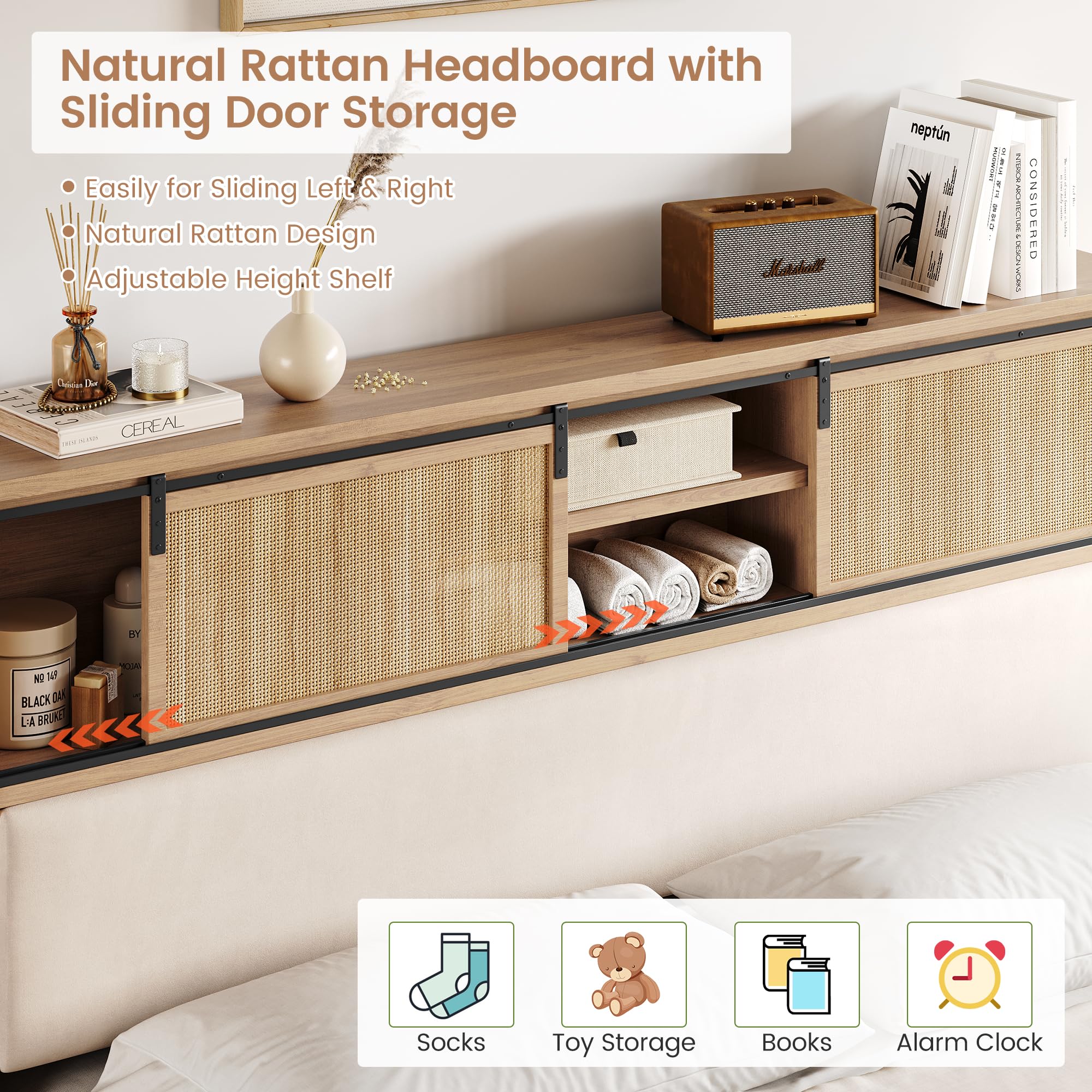 GAOMON Rattan King Bed Frame with Headboard & Storage Shelves, Boho Rattan Bed Frame King Size, Solid Wooden Bed Foundation with Sliding Door Shelf, Noise-Free, No Box Spring Needed & Easy Assemble