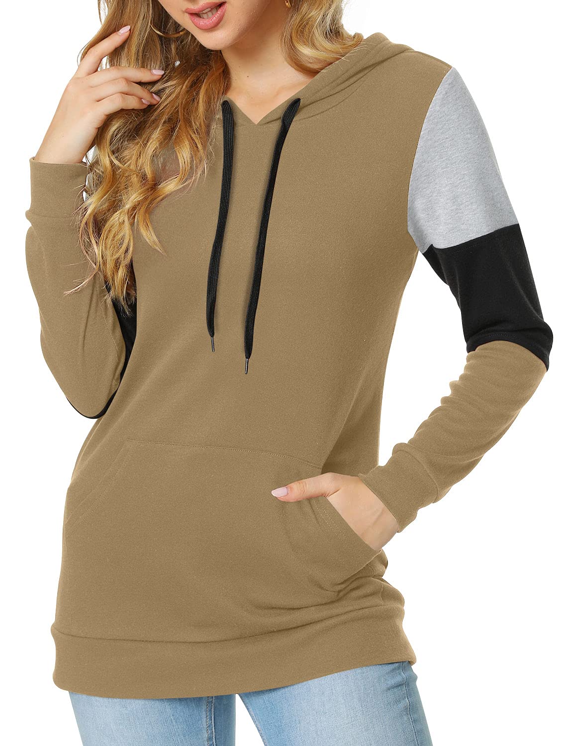 CATHY Women's Casual Drawstring Pullover Tunic Top Long Sleeve Color Block Hoodie Sweatshirts With Pocket, XXL, Shallow Khaki