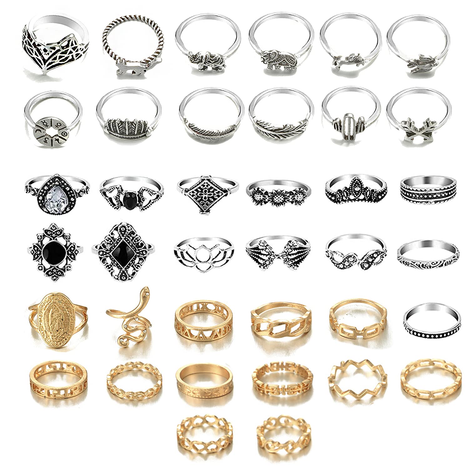 CSIYANJRY99 40PCS Vintage Knuckle Rings for Women Bohemian Stackable Snake-Shaped Rings Set with Hollow Engraved Flower Leaves