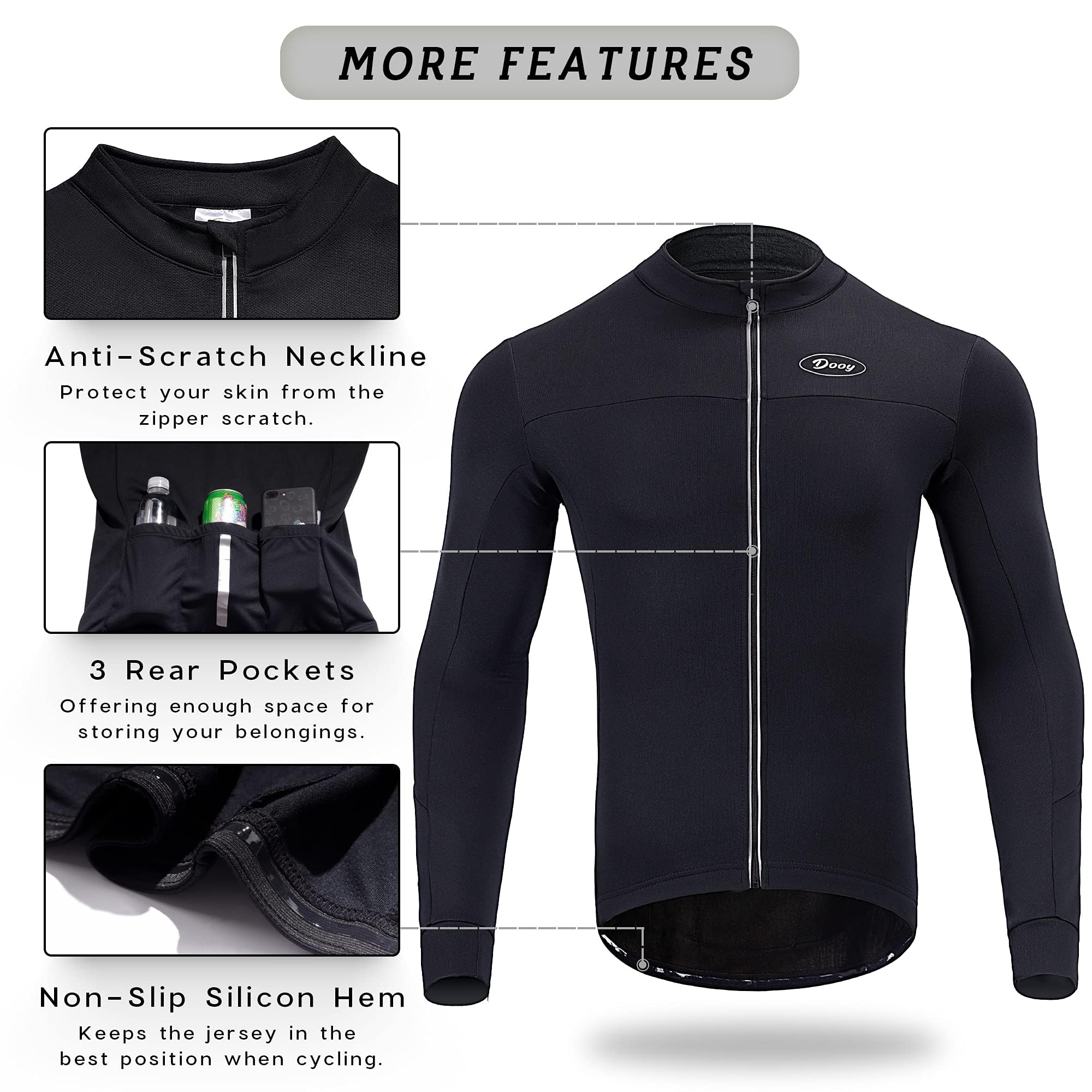Dooy Men's Cycling Bike Jersey Winter Thermal Biking Shirt Long Sleeve Bicycle Jacket with Full Zipper and Rear Pockets(New Black,Large)