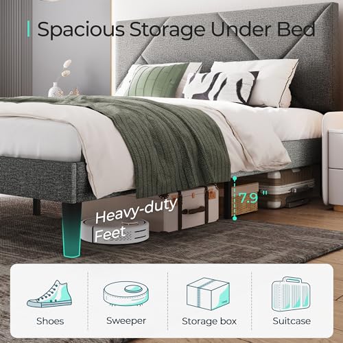 LINSY Queen Bed Frame with Adjustable Headboard, Linen Upholstered Platform Bed with Solid Wooden Slats, Heavy Duty Bed Queen Size, NO Box Spring Needed, Noise-Free, Grey