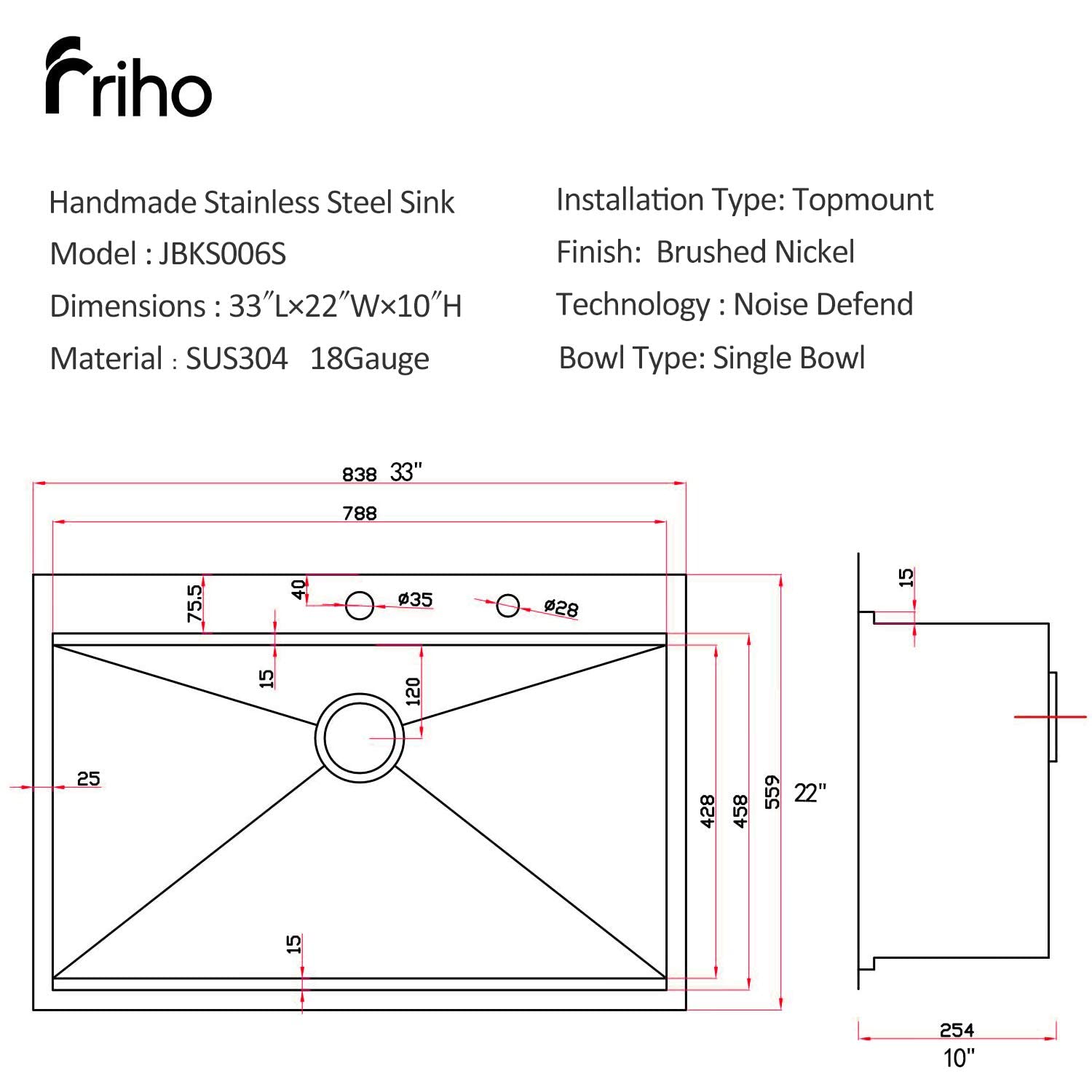 Friho 33"x 22" Inch Drop in Stainless Steel Kitchen Sink,Brushed Nickel Kitchen Sinks,Single Bowl Basin Handmade Topmount Kitchen Sink With Dish Grid,Dish Drainer,Cutting Board and Basket Strainer