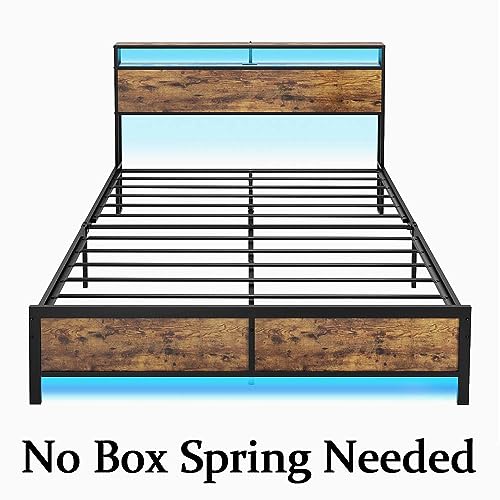 Gustonhon Industrial Queen Bed Frame with Headboard,Metal Bed Frame Queen Size with Storage Under-Bed,Mattress Foundation with LED Lights and Charging Station,2-Tier Storage Shelf (Queen)