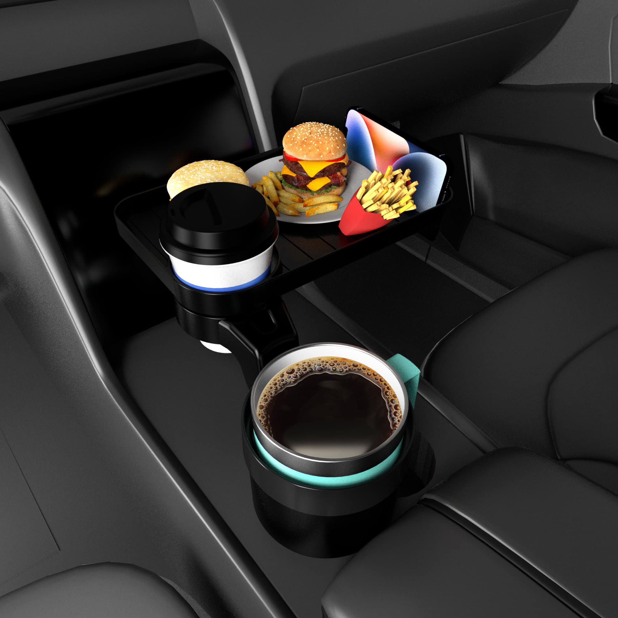 Car Cup Holder Tray with Expandable Base Car Food Tray Table Compatible with Yeti 20/26/30 oz Hydro Flasks 32/40 oz Camelbak 32/40 oz and Other Bottles in 3.4"-3.8"