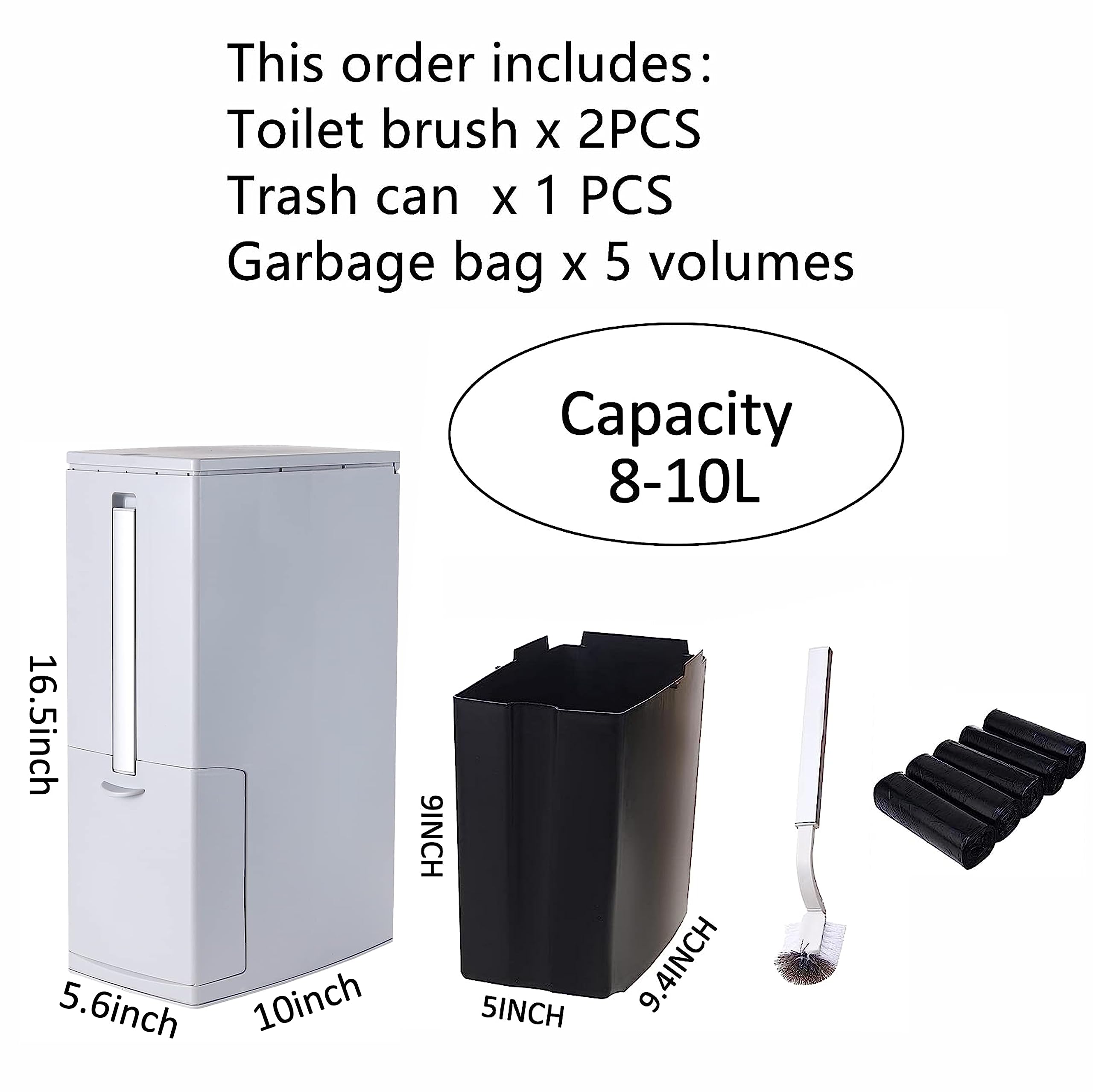 Cq acrylic 8 Liter Slim Plastic Trash Can 2.1 Gallon Small Narrow Garbage Can with Press Top Lid,Trash can with Toilet Brush Holder,Rectangular Modern Waste Can for Bathroom Grey