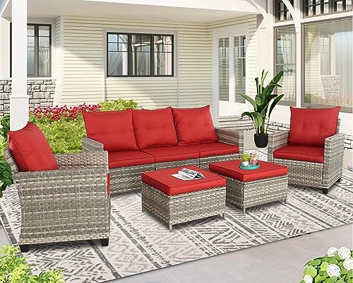 HTTH Patio Furniture Sets PE Rattan Wicker Outdoor Conversation Set Patio Sectional Sets Patio Sofa Couch Set with 2 Ottomans for Porch, Balcony, Lawn (Gray-Red)