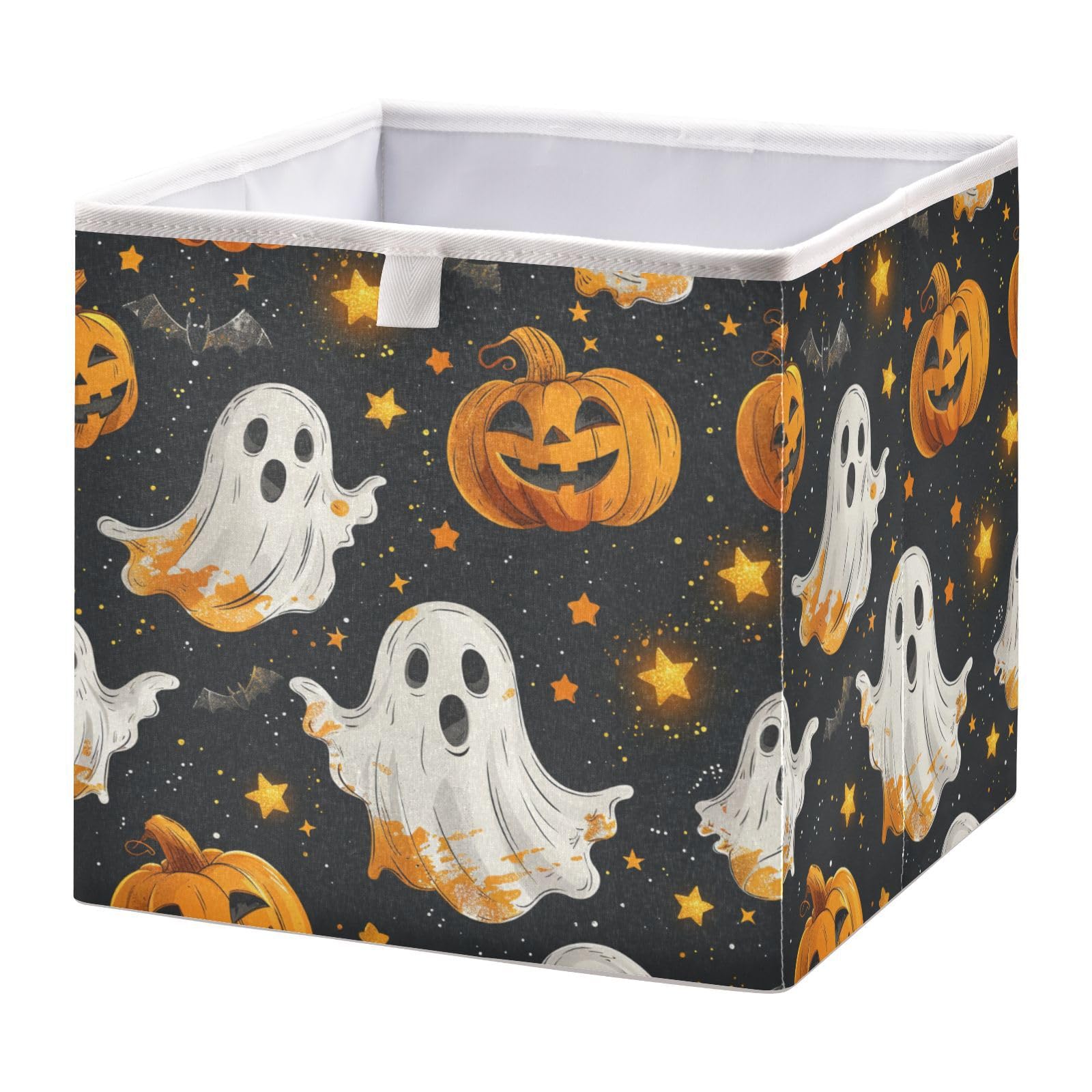 Jthubd Halloween Boo Storage Bin with Handles 11x11x11 Inch Foldable Cube Storage Basket Fabric Storage Box Closet Organizer Collapsible Toy Clothes Nursery Basket, 1 Pack