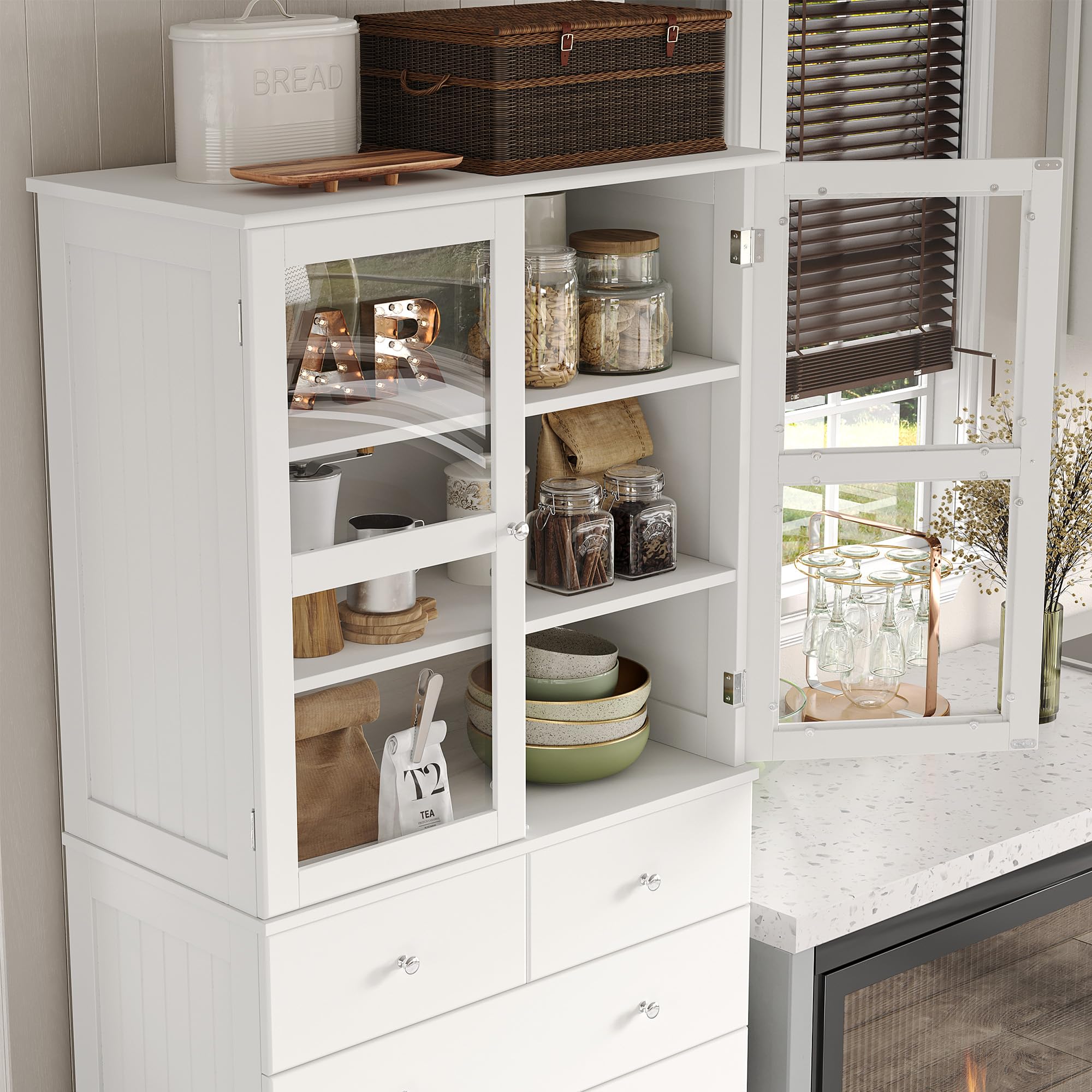 HOSTACK 71" Tall Kitchen Pantry Storage Cabinet, Freestanding Bar Cabinet with Glass Doors and Shelves, Hutch Cabinet with 2 Drawers, Cupboard for Living Room, Dining Room, White