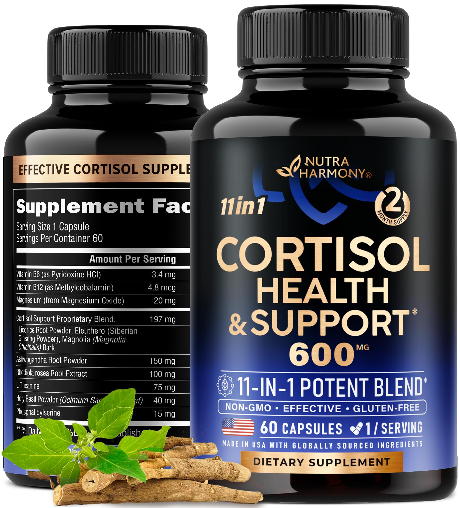 Cortisol Supplement - Made in USA Supplement - Mood, Focus, Sleep Support - Vegan, Non-GMO, 2 Month Supply, Natural Flavor