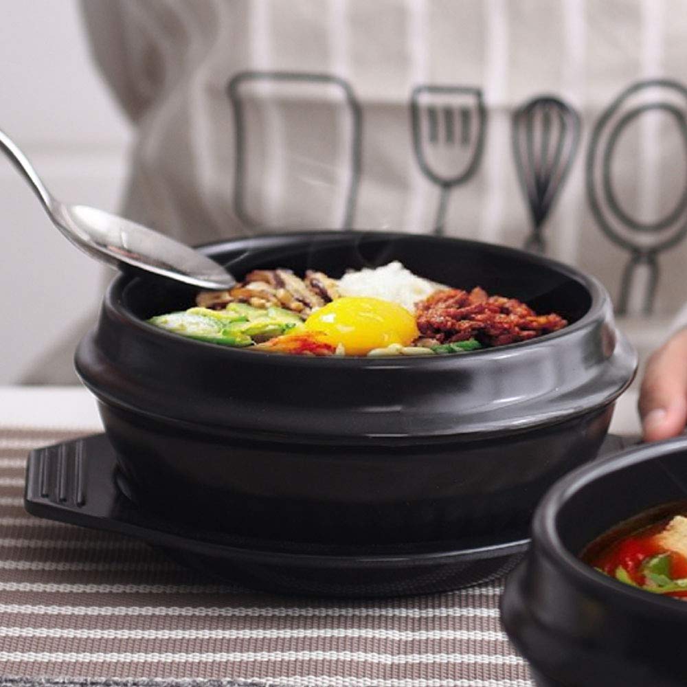 Korean Cooking Korean Stone Bowl By Whitenesser, Stone Pot Sizzling Hot Pot for Bibimbap and Soup (Small, No Lid) - Premium Ceramic with Melamine Tray (28 Oz)
