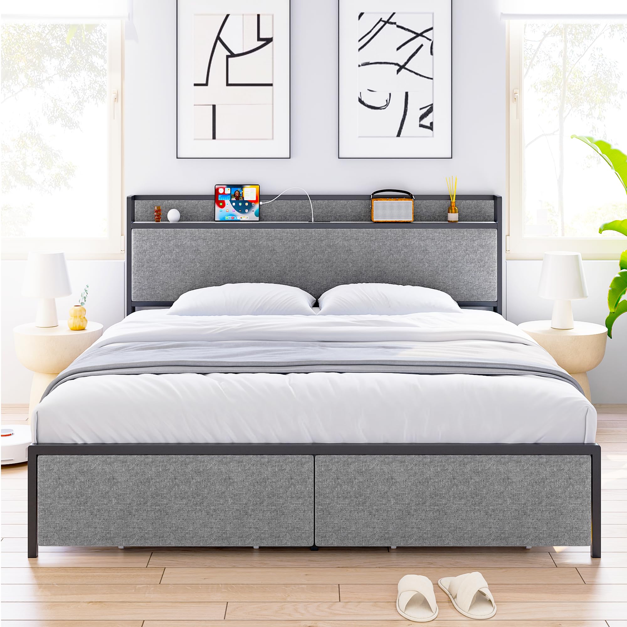GarveeHome Full Size Bed Frame with 2 Drawers and Shelf Headboard, Charging Station with USB Port & Outlets, Upholstered Heavy Duty Platform Bed with Storage, No Box Spring Needed, Light Grey