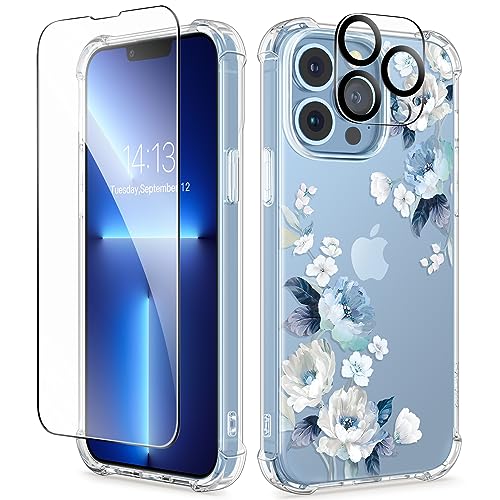 GVIEWIN for iPhone 13 Pro Case with Screen Protector & Camera Lens Protector, [10FT Military Grade Drop Protection] Clear Shockproof Slim Fit Floral Phone Case for Women Girls (Rosa Chinensis/Blue)