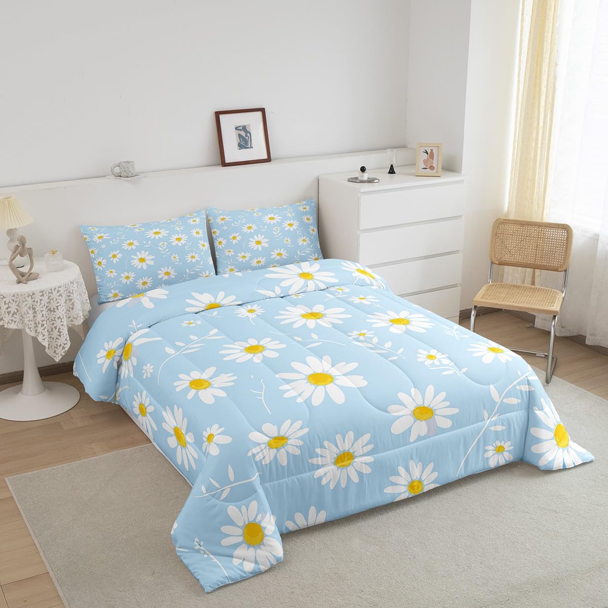 Manfei Daisy Comforter Set Twin Size, White Flower Leaves Bedding Set 2pcs for Kids Boys Girls Bedroom Decor, Botanical Garden Artwork Quilt Set Soft Polyester Duvet Set with 1 Pillowcase