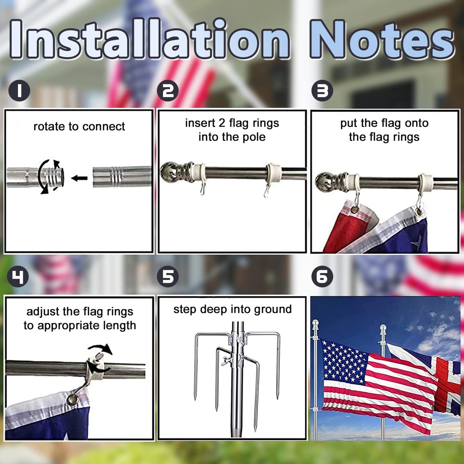 Ground Flag Poles for Outside House - 1" Tangle Free Flag Pole for House with 5 Prong - 9ft Yard Flag Stand for Outdoor,Wind Resistant & Rustproof - Silver