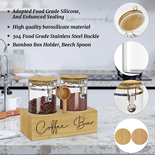 Glass Coffee Canister with 2x48oz Airtight Glass Jars, Coffee Bean Storage, Coffee Storage Container with Shelf and Lids Scoop, Kitchen Food Storage Jars, Coffee Container for Ground Coffee, Sugar