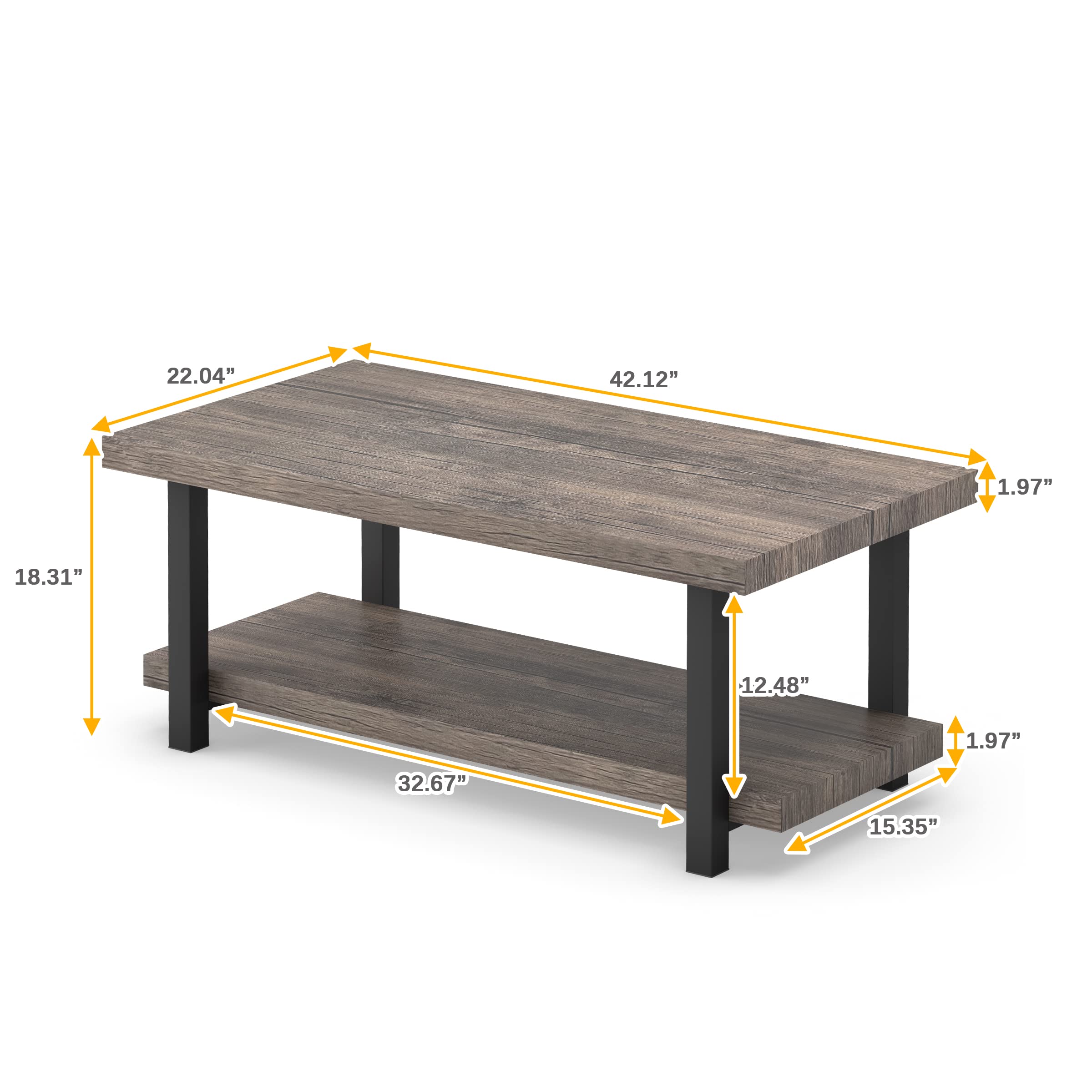 charaHOME Coffee Table Rustic Vintage Industrial Design Sturdy Metal Frame Legs Sofa Table Cocktail Table with Storage Bottom Open Shelf for Living Room, Easy Assembly, 42"x 22", Gray Brown