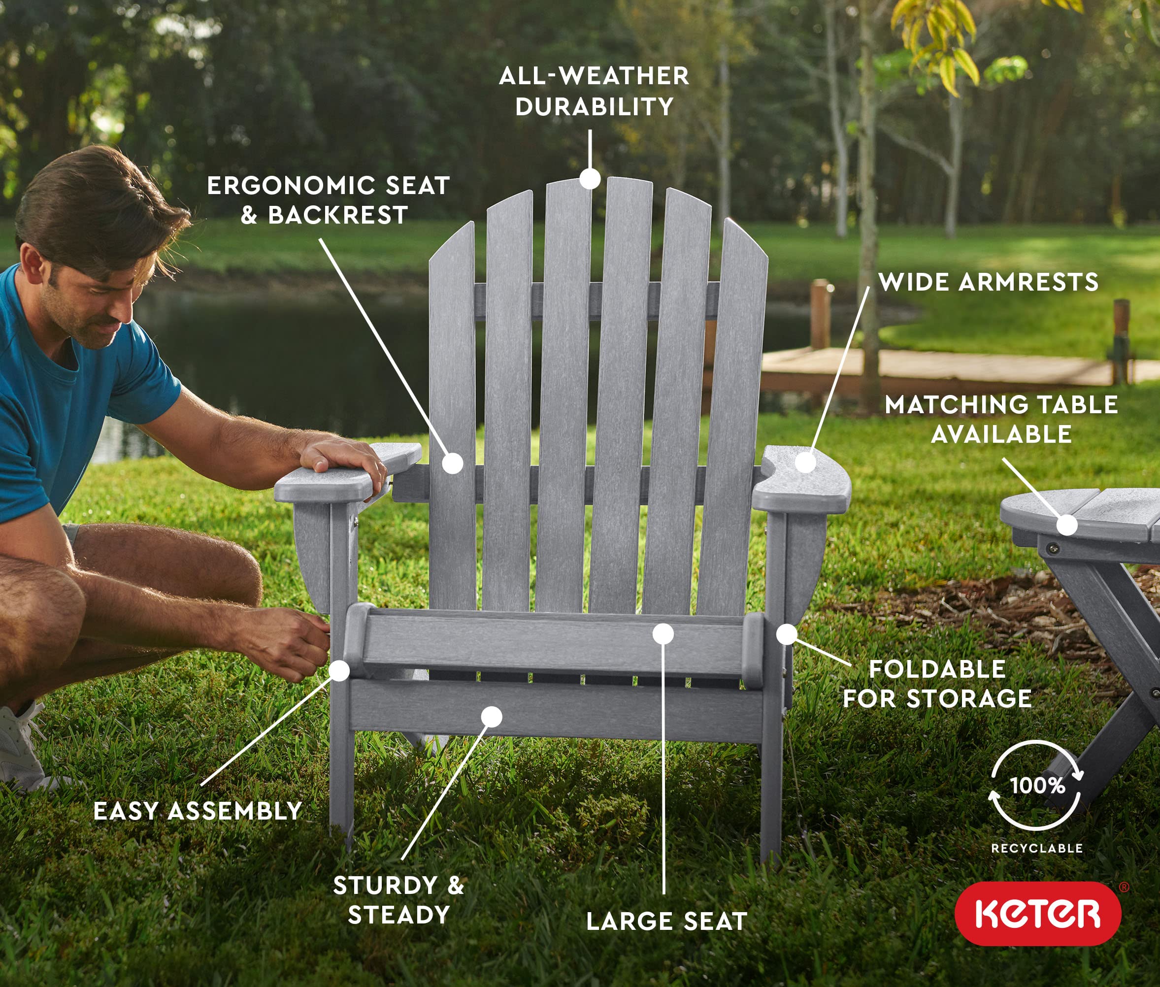 Keter Willoughby Folding Adirondack Chair with Weatherproof Finish, Outdoor Furniture for Entertaining by The Pool, Patio, and Fire Pit, Easy Assembly for Sturdy and Steady Outdoor Seating, Gray