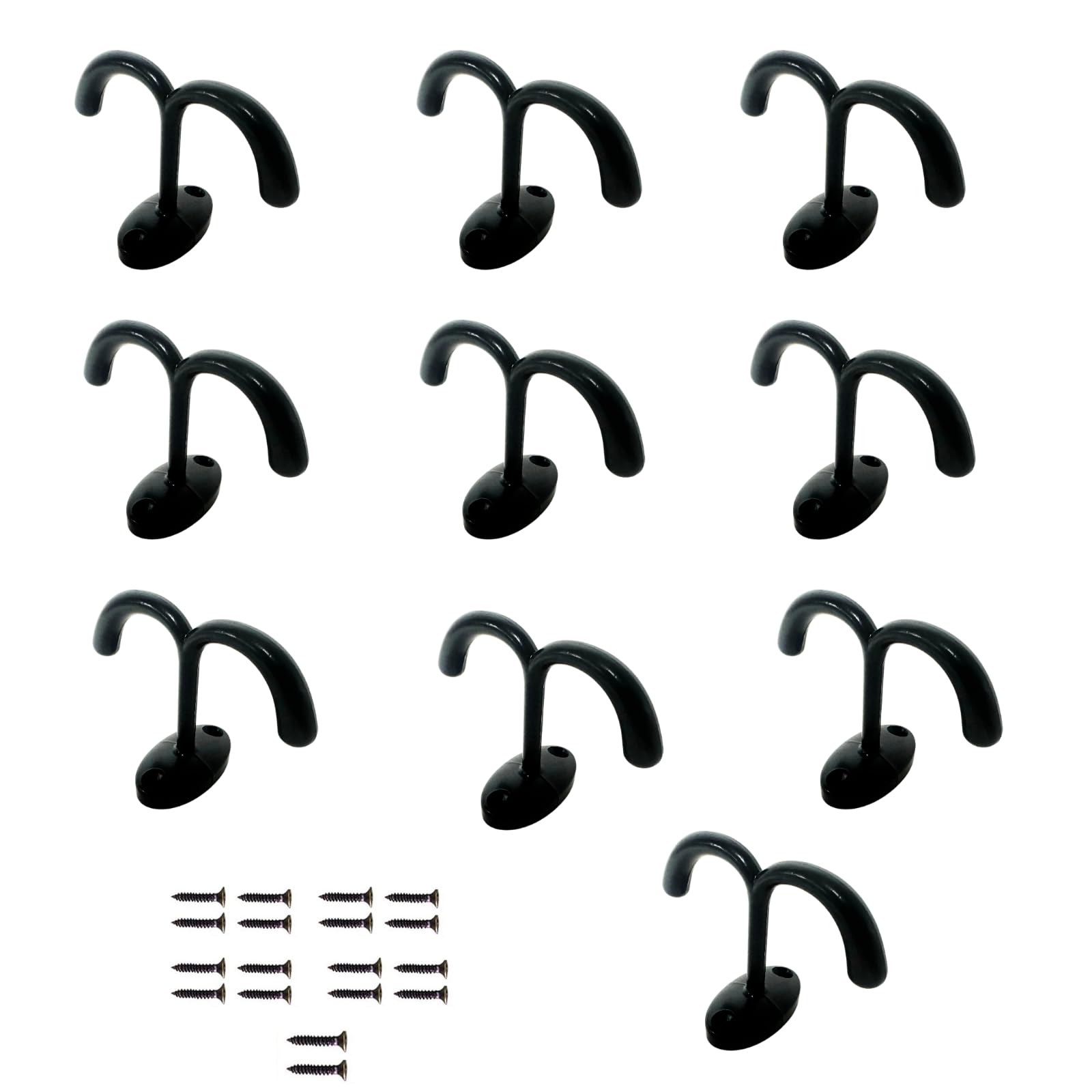 Kethyon Horizontal Double Prongs Hook with Anchor Like Design Suitable to Set Under Table (20 Screws Included) Wall Hanger (10 Pack, Black)